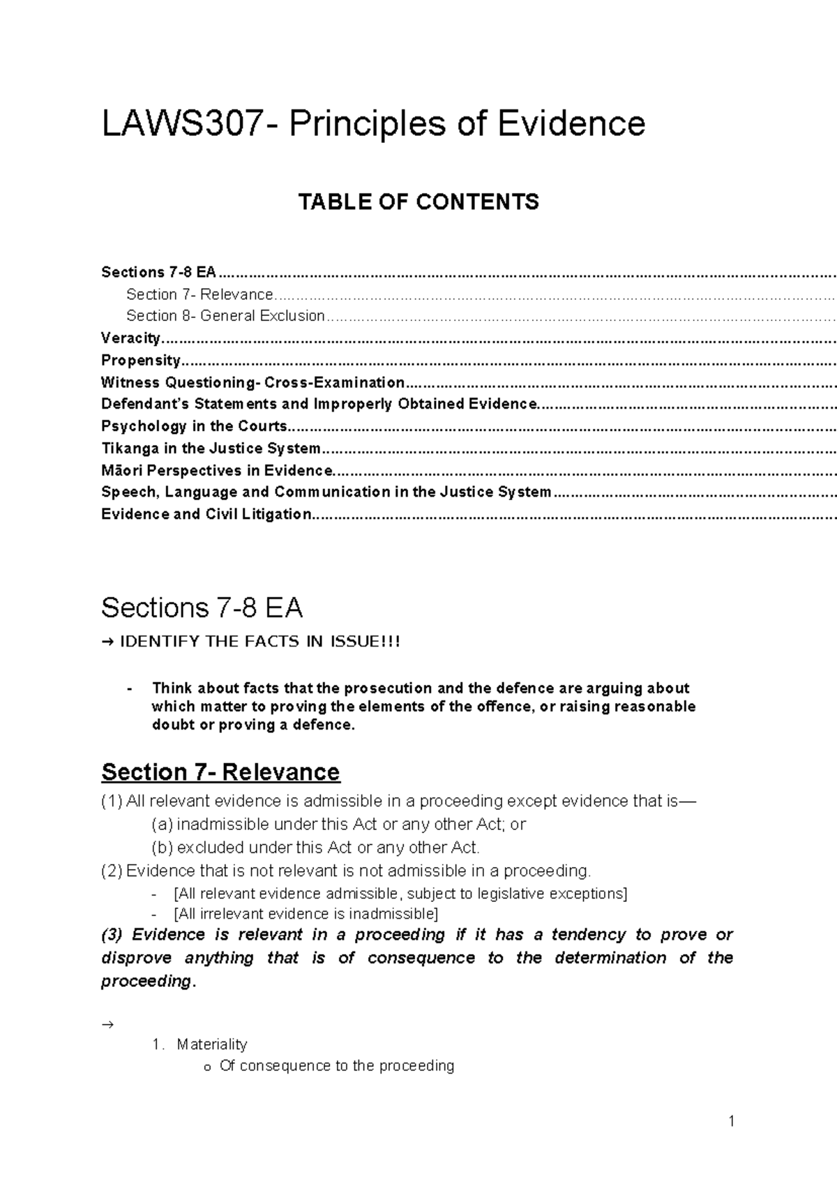 Evidence Law - Final Exam - LAWS307- Principles of Evidence TABLE OF ...