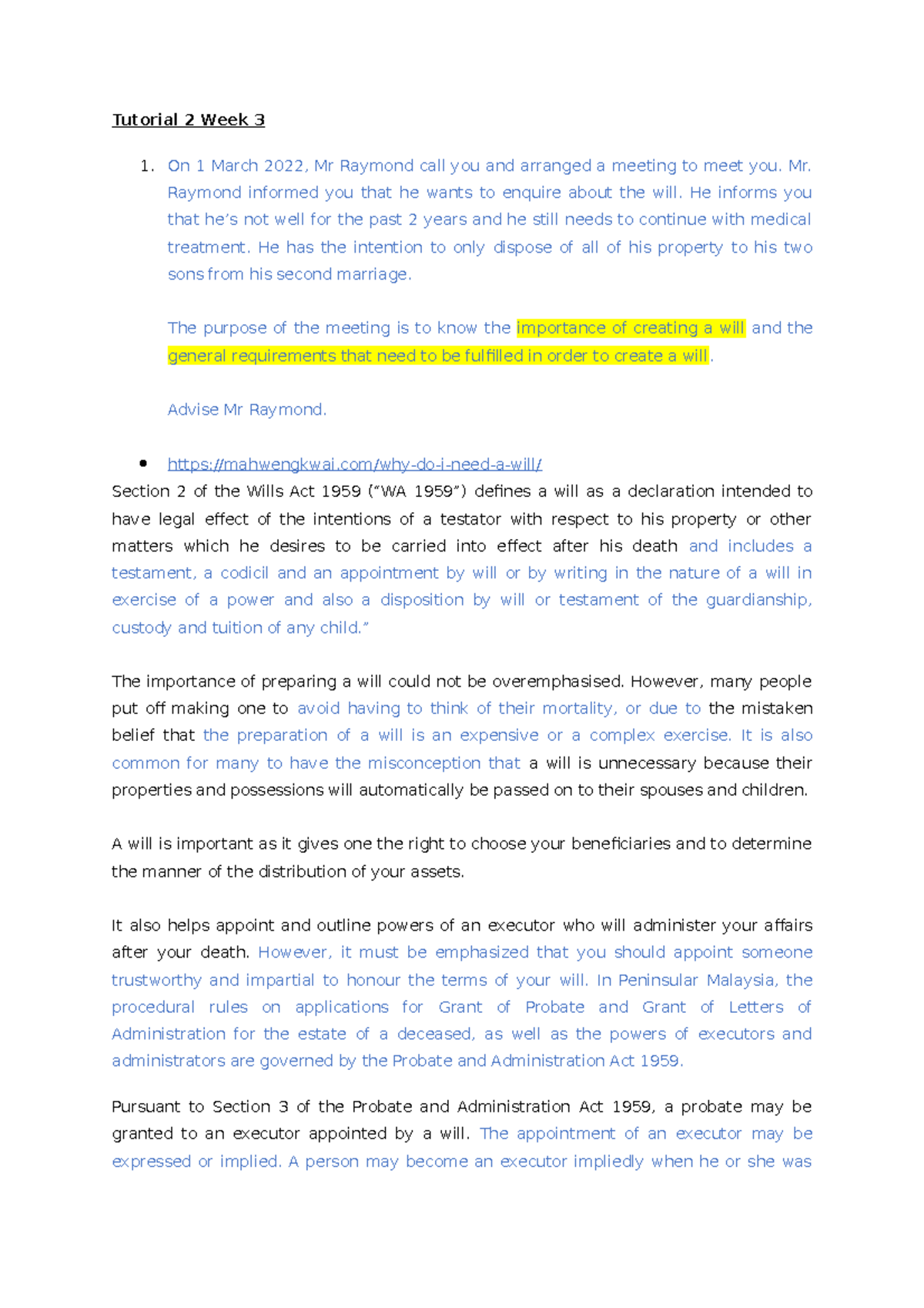 Tutorial 2 Week 3 :) - Tutorial 2 Week 3 On 1 March 2022, Mr Raymond call you and arranged a ...