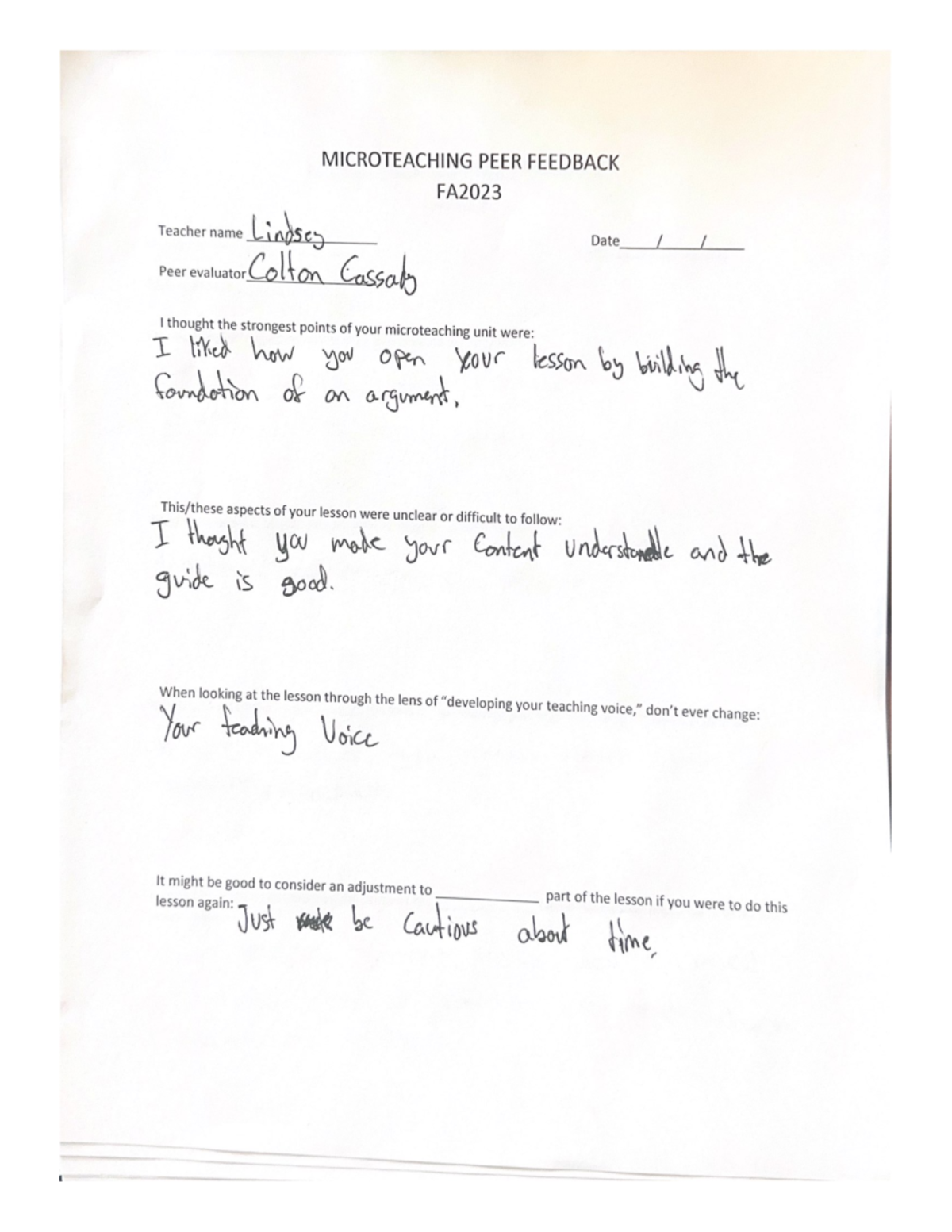 Microteaching PEER Feedback - TCH 216 - Studocu