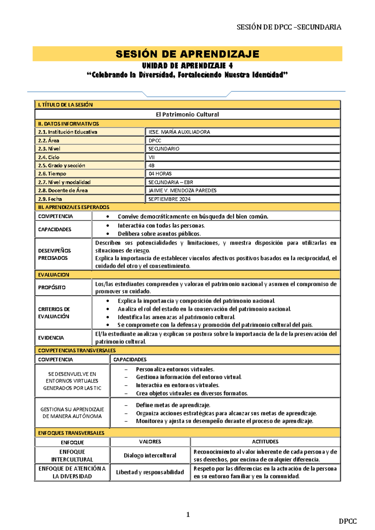 4º Unidad Didactica 4 DPCC 2024 - SESIÓN DE DPCC – SECUNDARIA 1 DPCC SESIÓN DE APRENDIZAJE ...