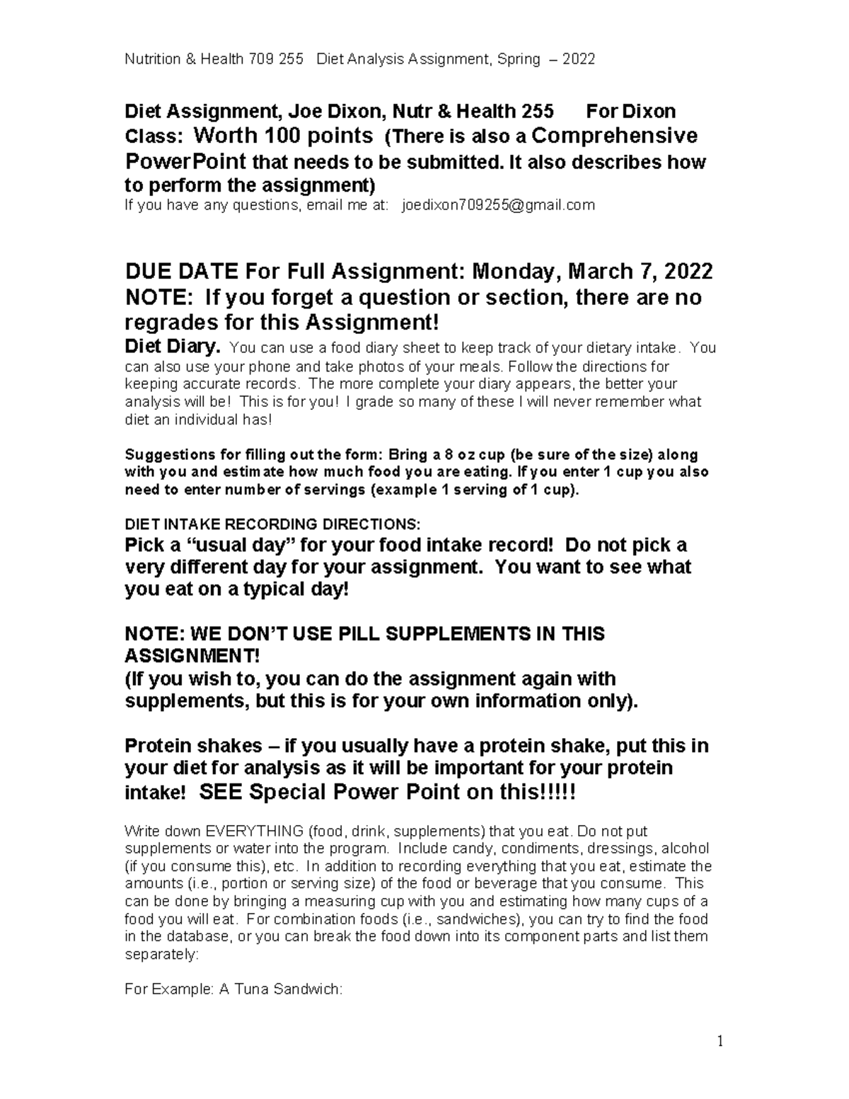 2-10-22 Spring Diet assignment Questions - Diet Assignment, Joe Dixon, Nutr & Health 255 For ...