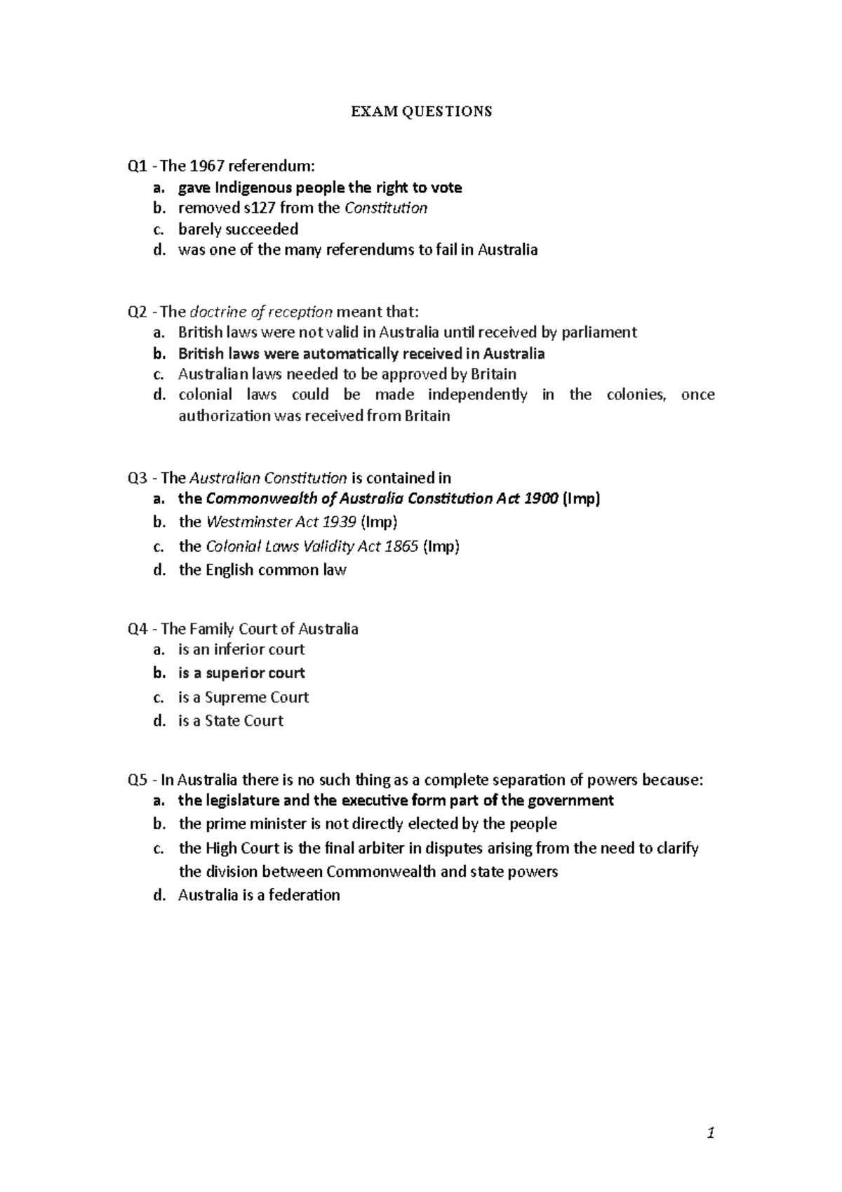 LAW10157 Sample EXAM Answers - EXAM QUESTIONS Q1 - The 1967 referendum ...