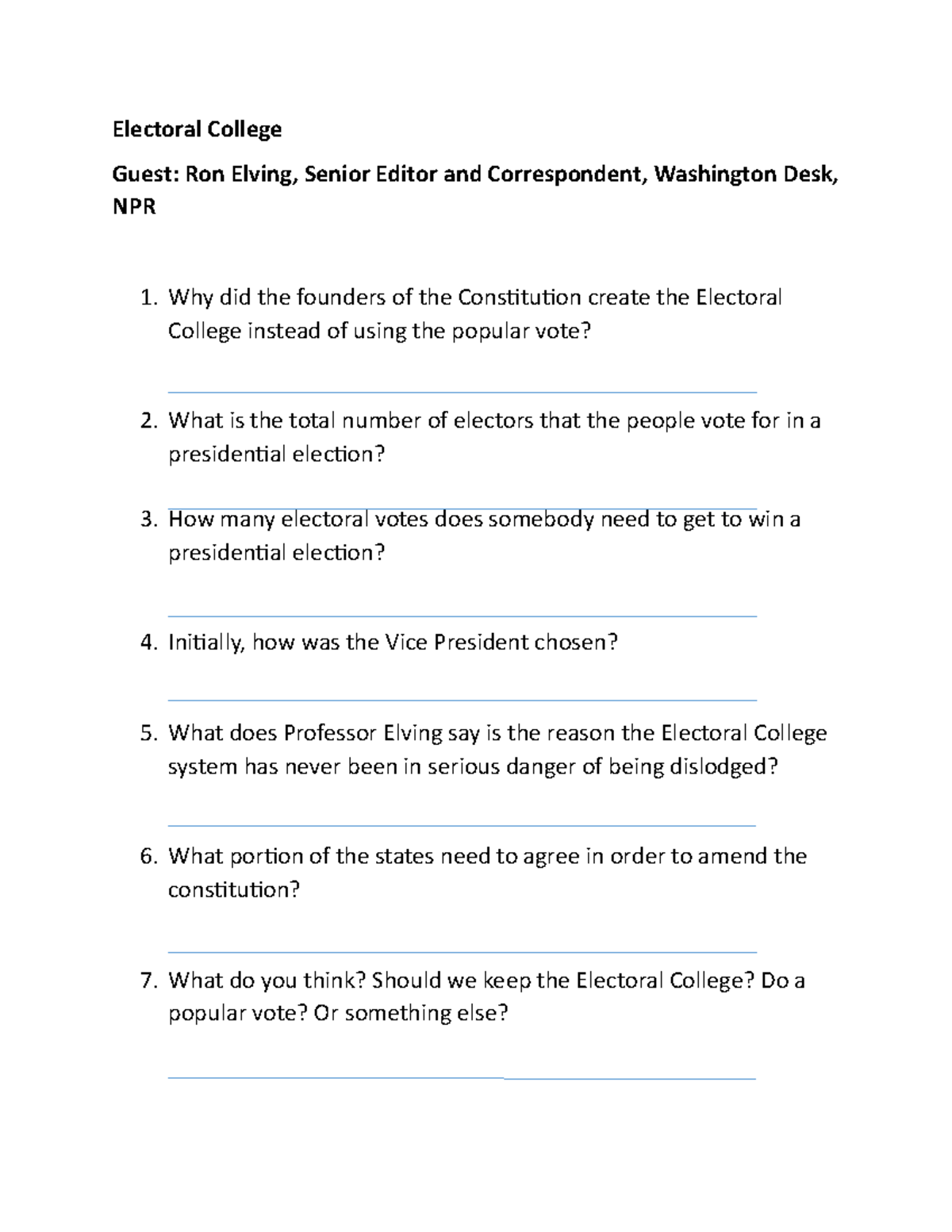 Electoral+college+worksheet+teacher+copy - Electoral College Guest: Ron ...