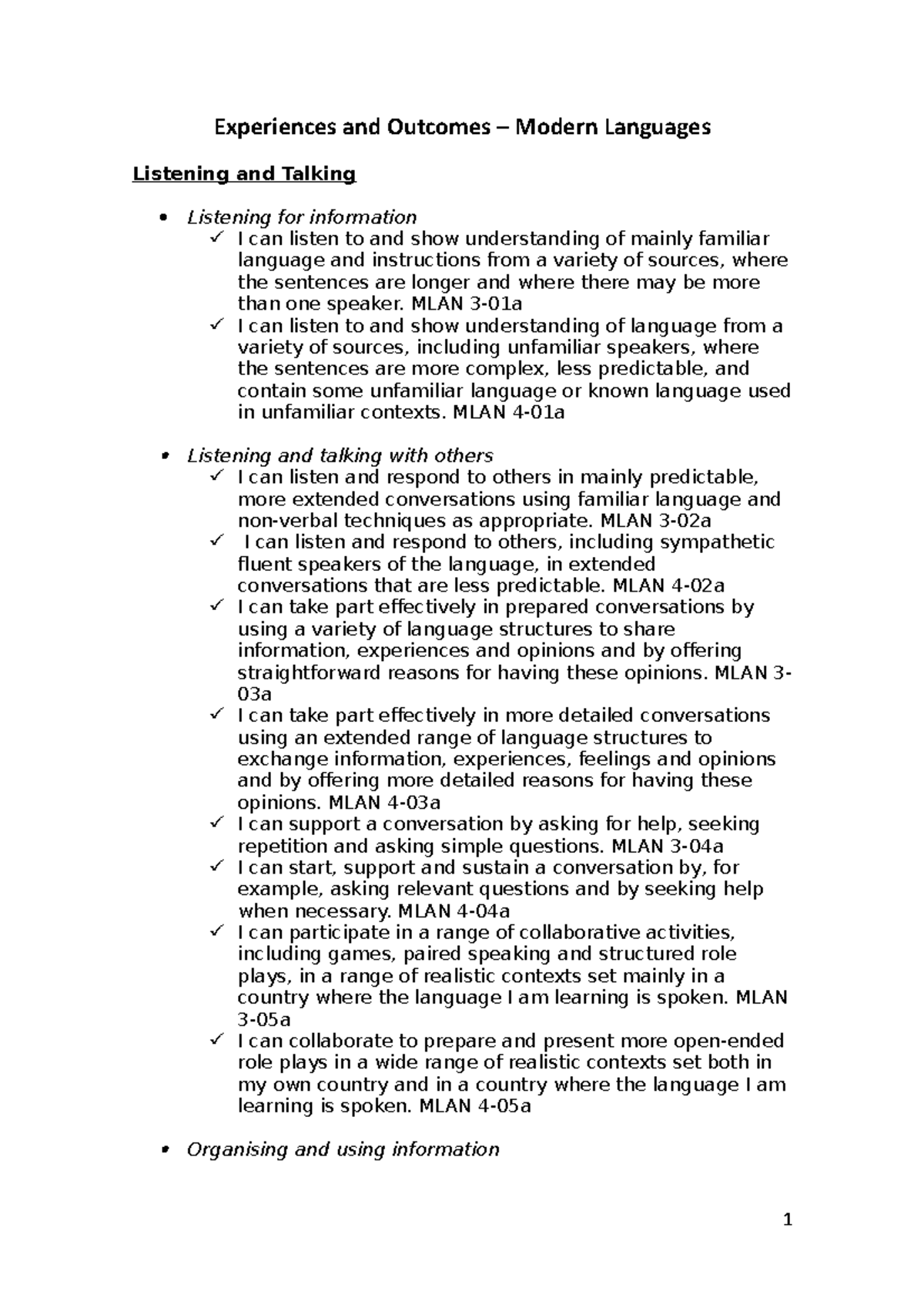 Experiences and Outcomes – Modern Languages - Experiences and Outcomes ...