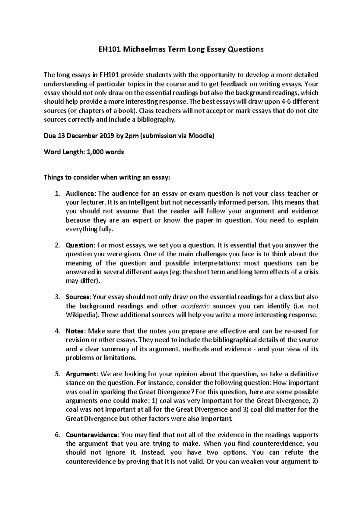 Michaelmas Term Long Essay Questions 2019-20 - EH101 Michaelmas Term ...