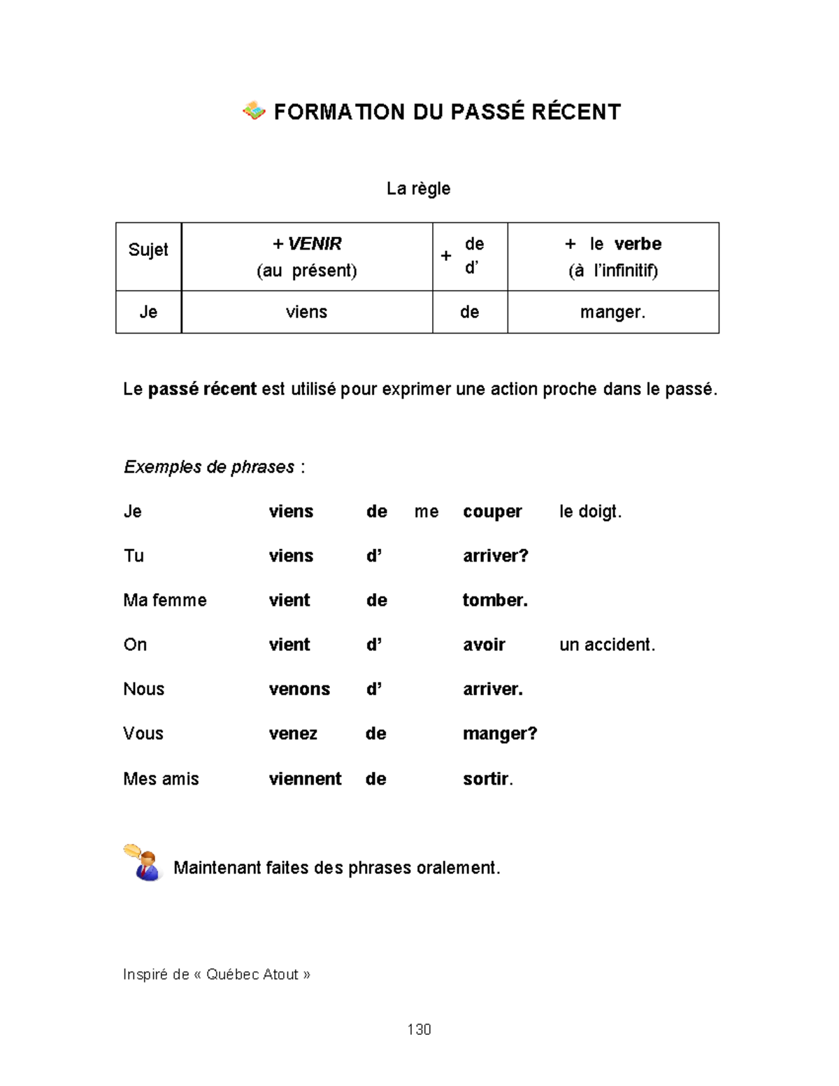Le passé récent - le passe recent - 130 FORMATION DU PASSÉ RÉCENT La ...