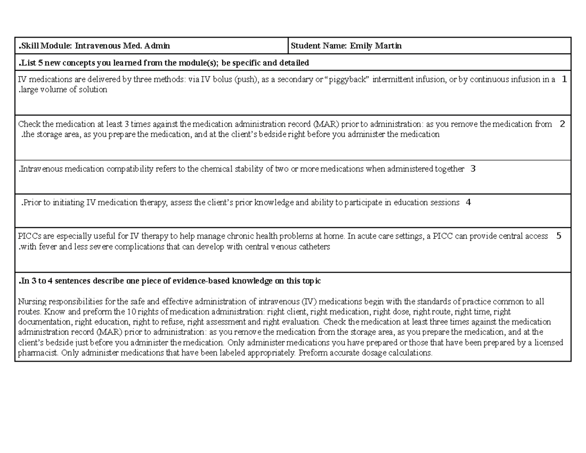 Skill Module Worksheet IV Med Admin - .Skill Module: Intravenous Med ...