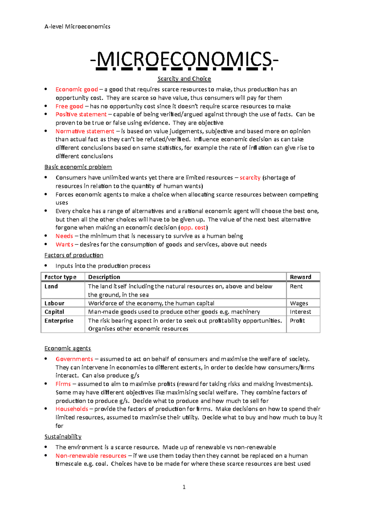 Microeconomics notes (2) (1) (1) -MICROECONOMICS- Scarcity and Choice ...