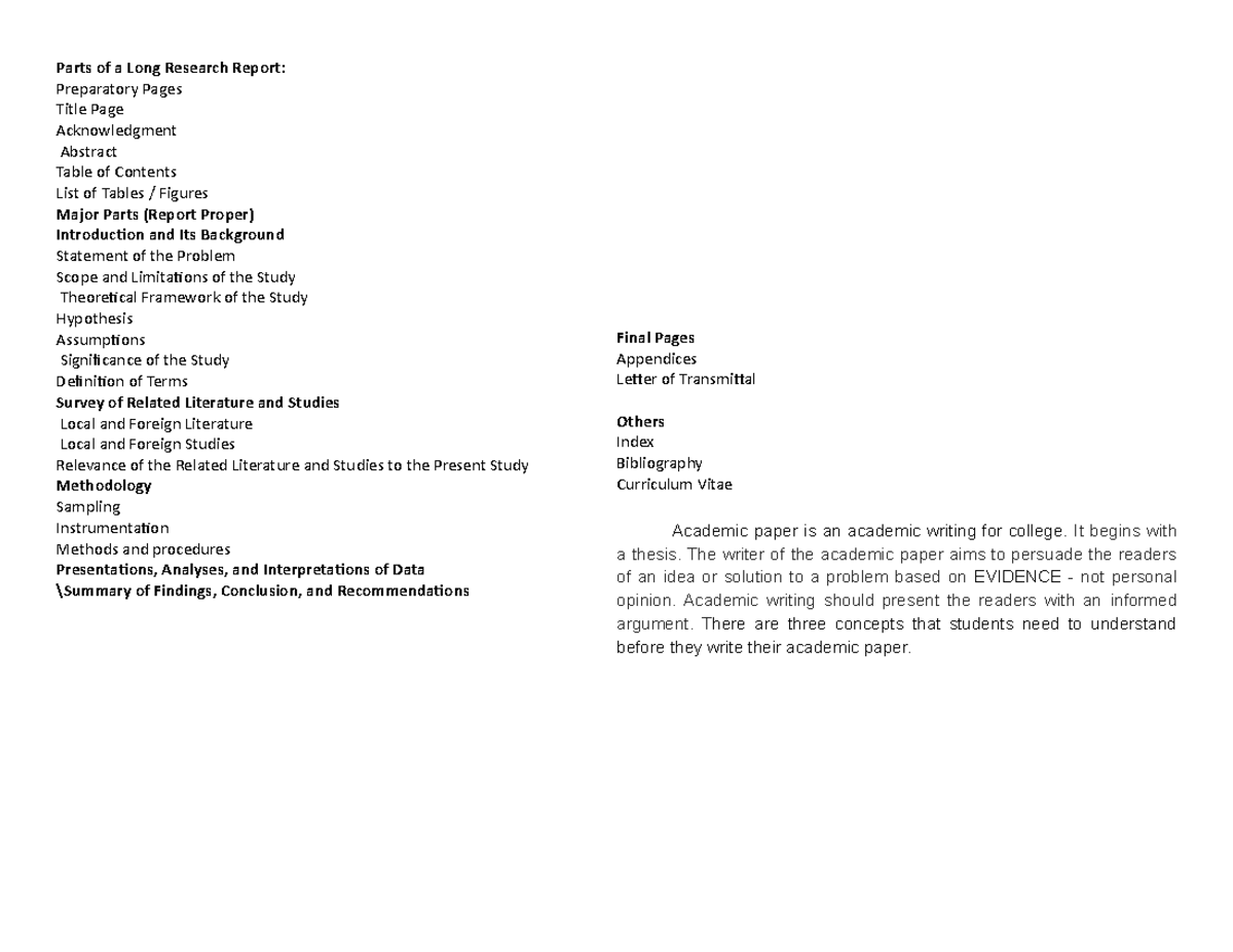 Parts of a Long Research Report - Parts of a Long Research Report ...