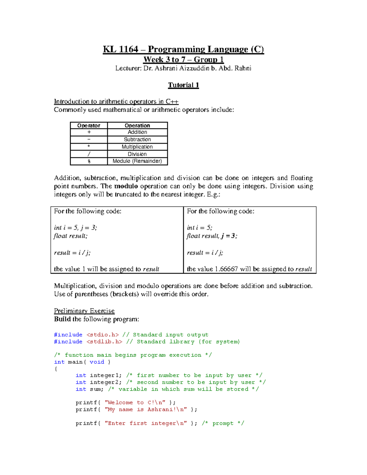 Tutorial 1 - Group 1 - KL 1164 Programming Language (C) Week 3 to 7 ...