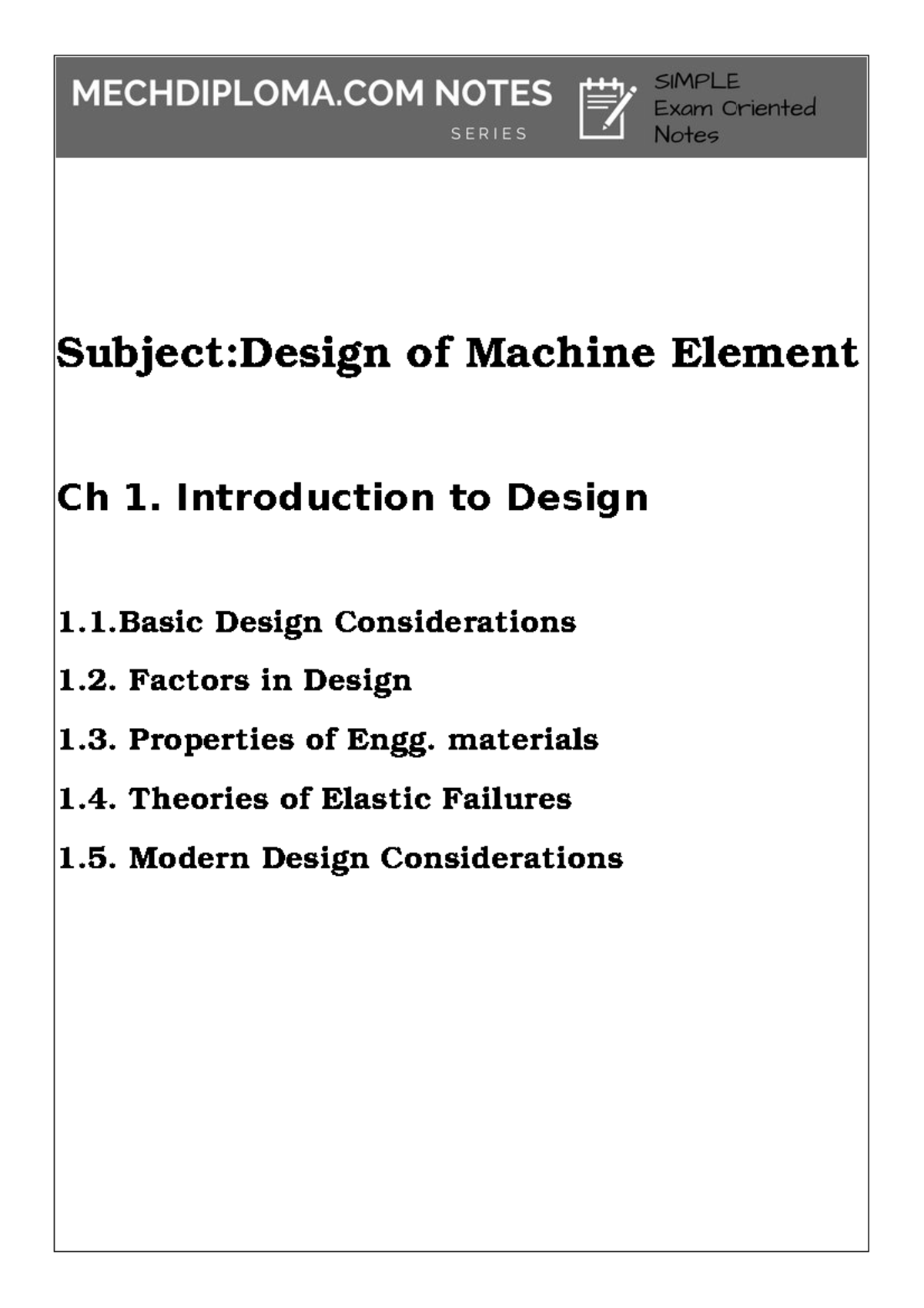 22564 - element of machine design - Subject:Design of Machine Element Ch 1. Introduction to ...