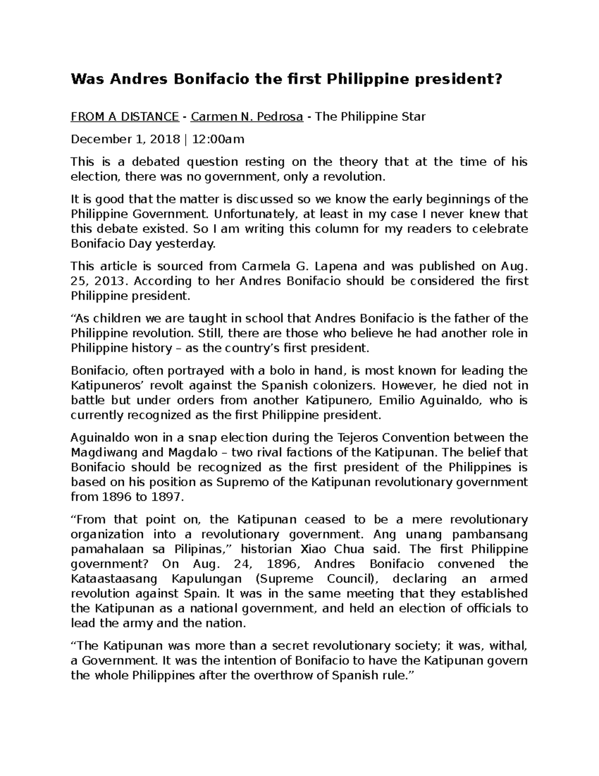 Was Andres Bonifacio the first Philippine president - Pedrosa - The ...