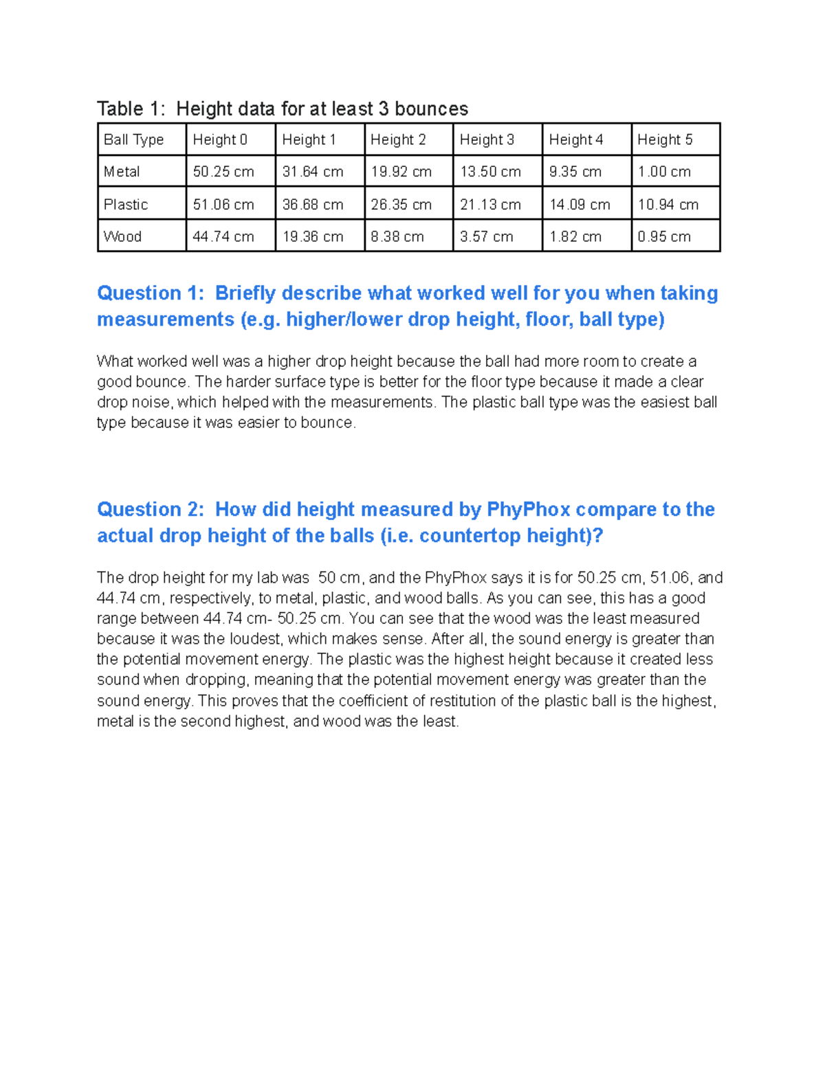 Physics Lab 2 - Table 1: Height data for at least 3 bounces Ball Type ...