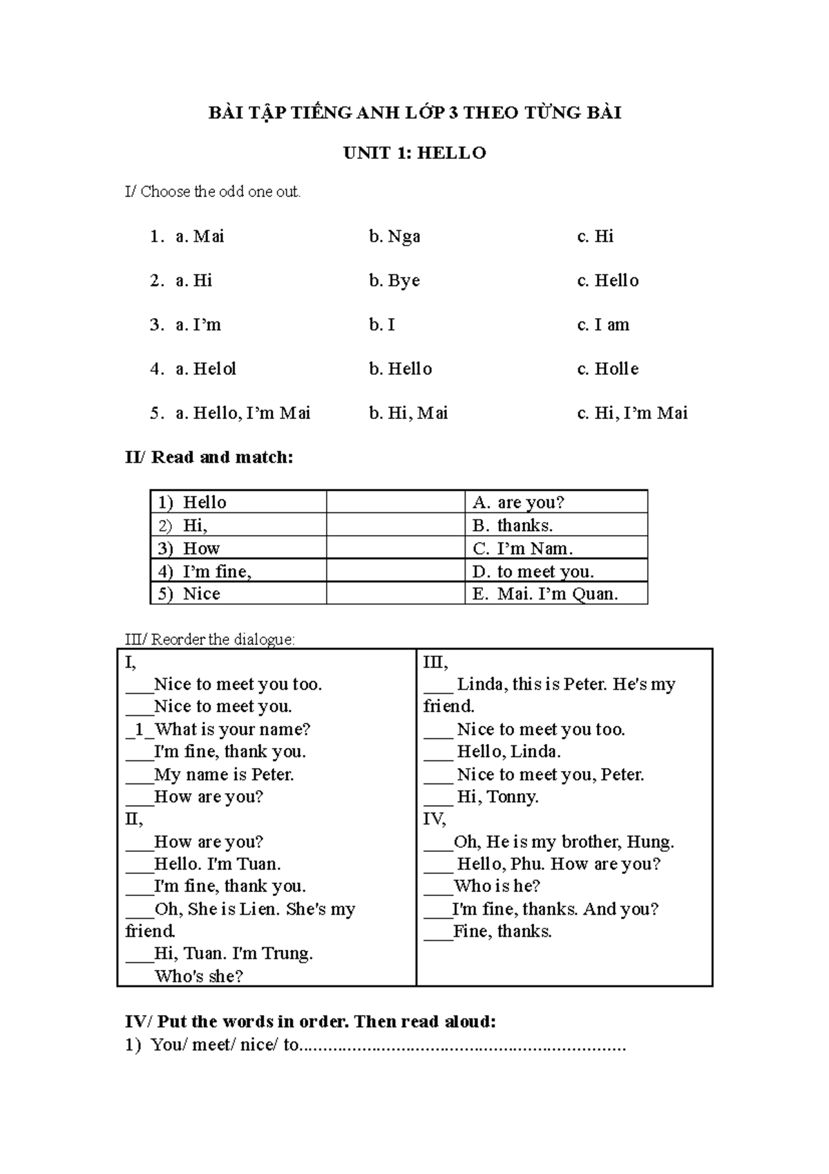 Bai tap tieng anh lop 3 theo tung bai - BÀI TẬP TIẾNG ANH LỚP 3 THEO TỪNG BÀI UNIT 1: HELLO I ...