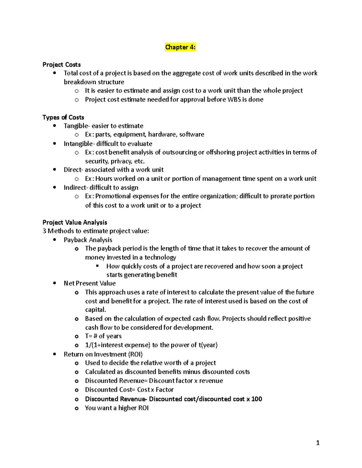 CH 4 - Lecture notes 4 - Chapter 4: Project Costs Total cost of a ...