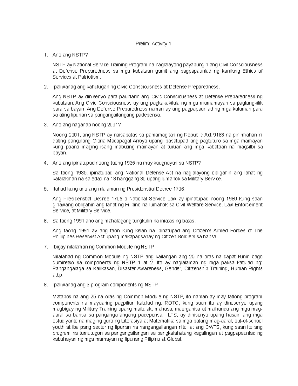 [CWTS-LTS-ROTC] NSTP Prelim Act. 1 - History of NSTP - Civic Welfare ...