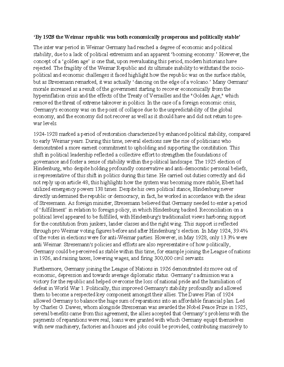 ‘By 1928 the weimar republic was both economically prosperou ...