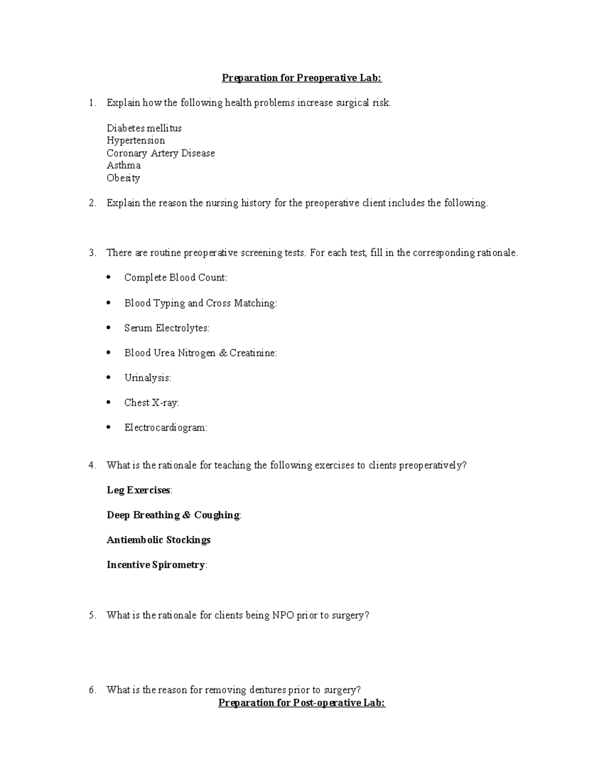 Peri op and Chest tube homework - Preparation for Preoperative Lab: 1 ...