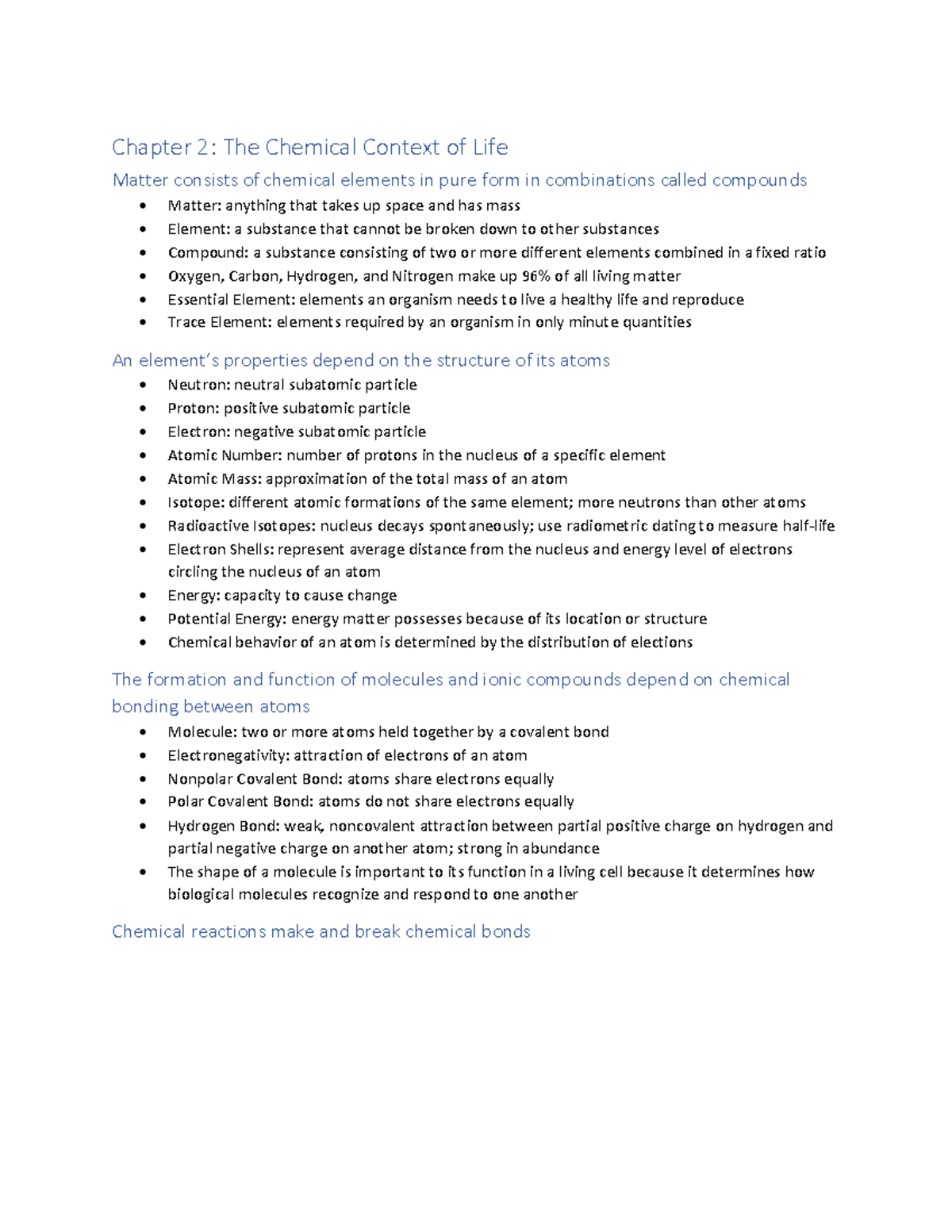 Biology 100 Study - Chapter 2: The Chemical Context of Life Matter ...