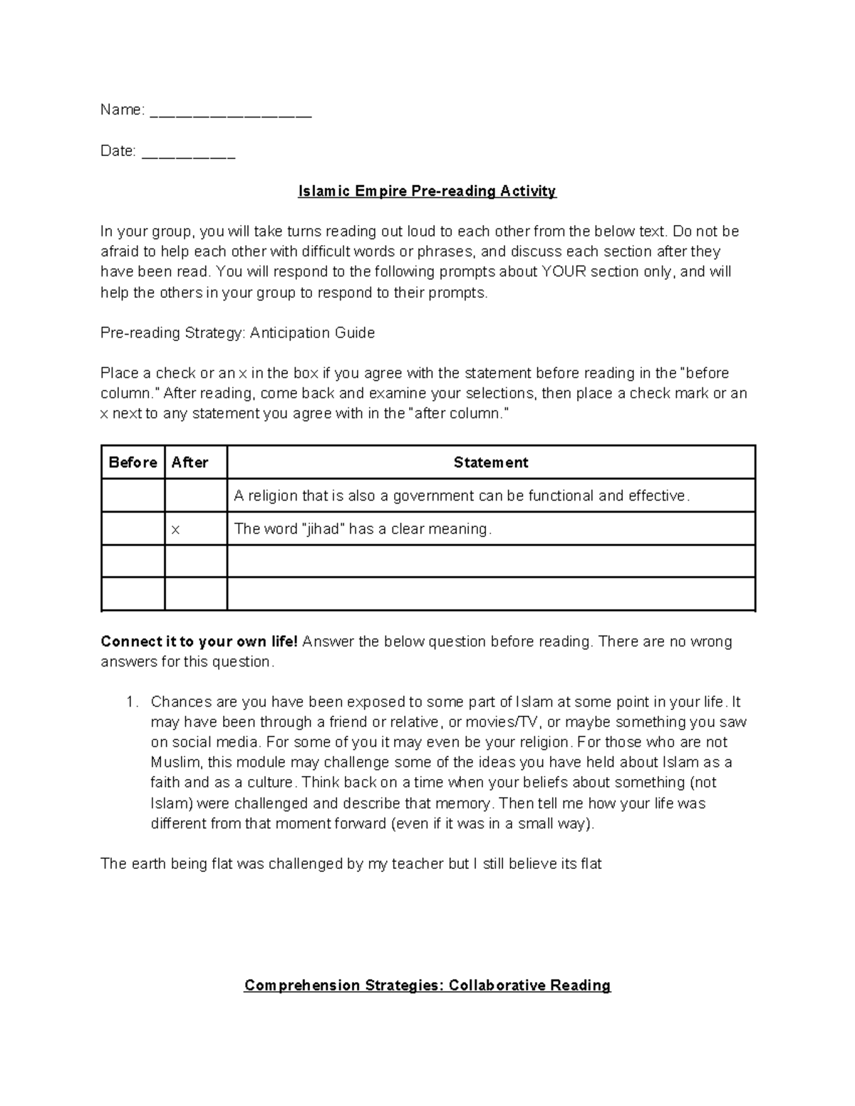 Islamic Empire Prereading and Comprehension - Name ...