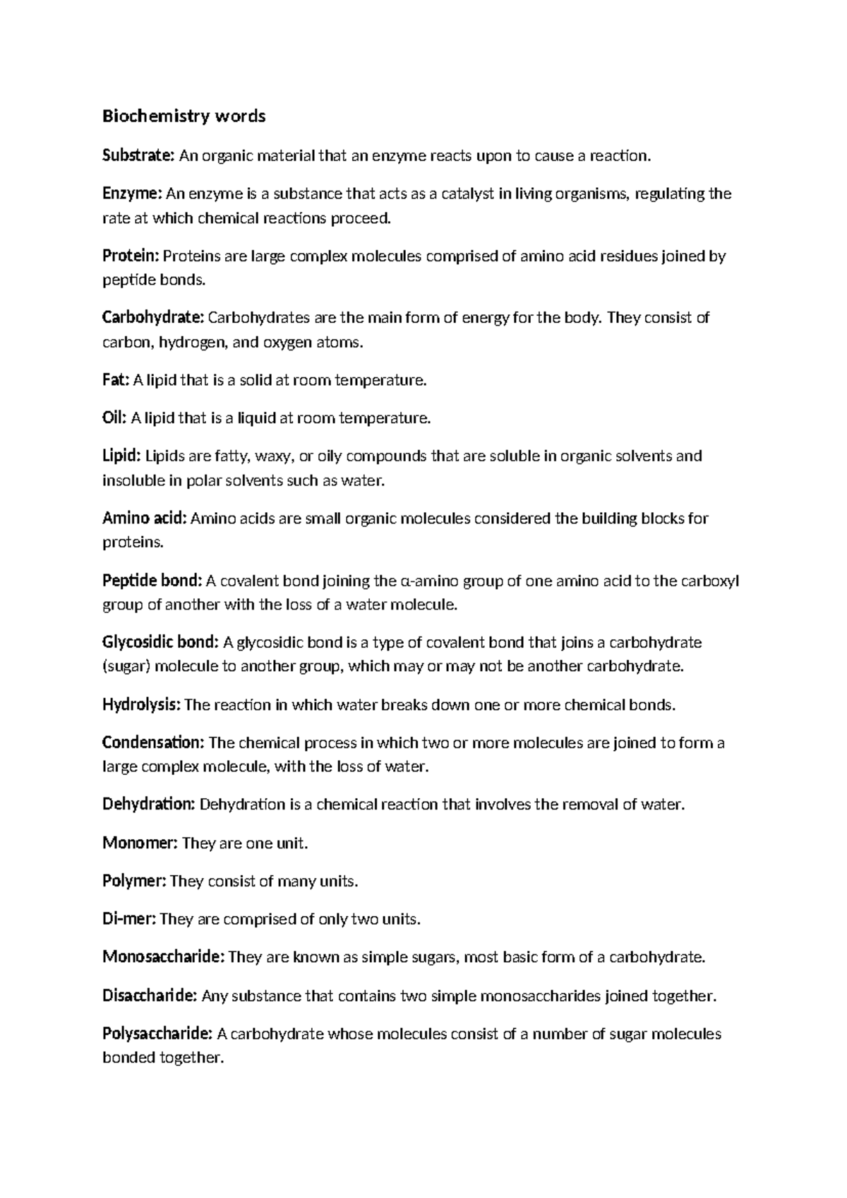 Biochemistry words - practice terms - Biochemistry words Substrate: An ...