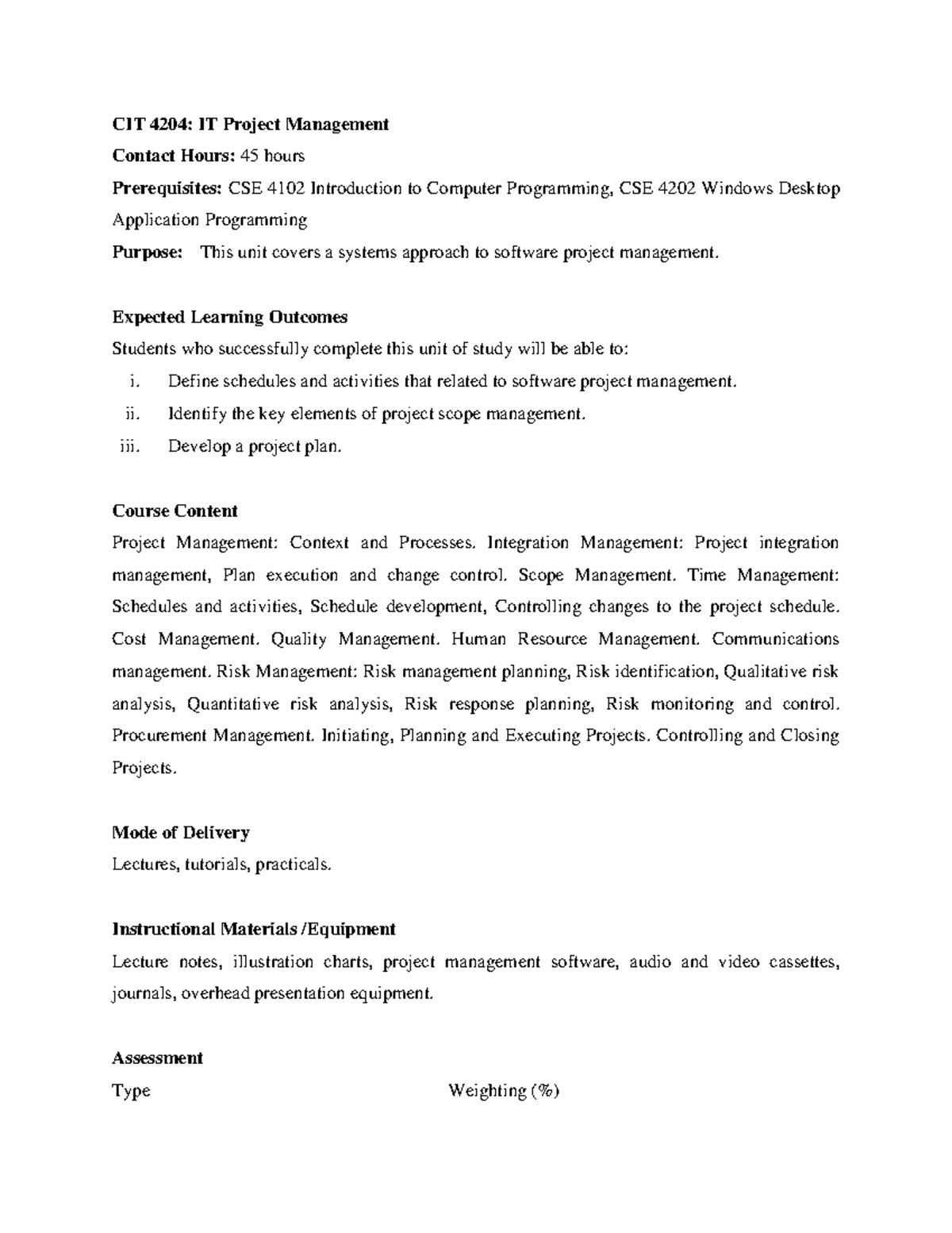 Course Outline - project management - CIT 4204: IT Project Management ...