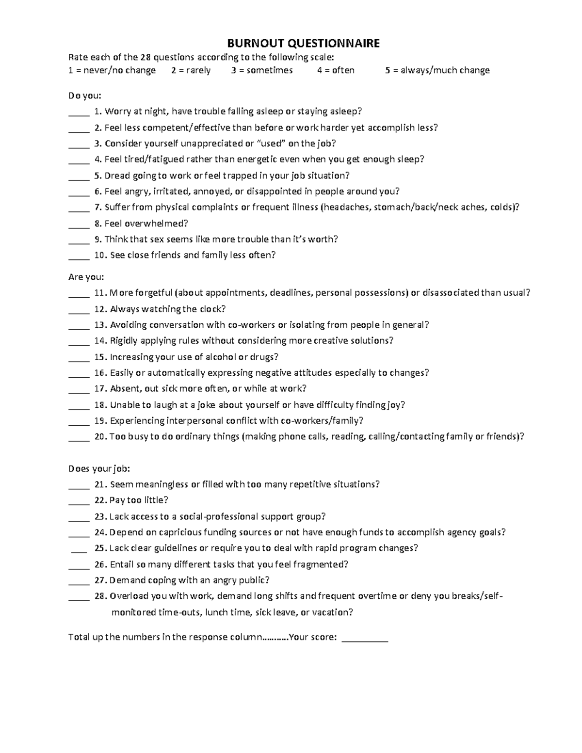 Burnout Questionnaire - BURNOUT QUESTIONNAIRE Rate each of the 28 ...