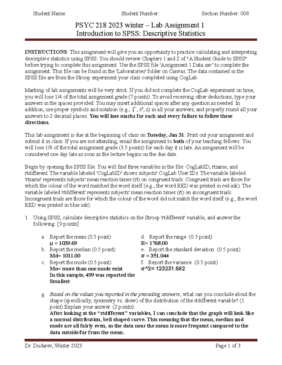 PSYC 218 008 - Assignment 1 - PSYC 218 2023 winter – Lab Assignment 1 Introduction to SPSS ...