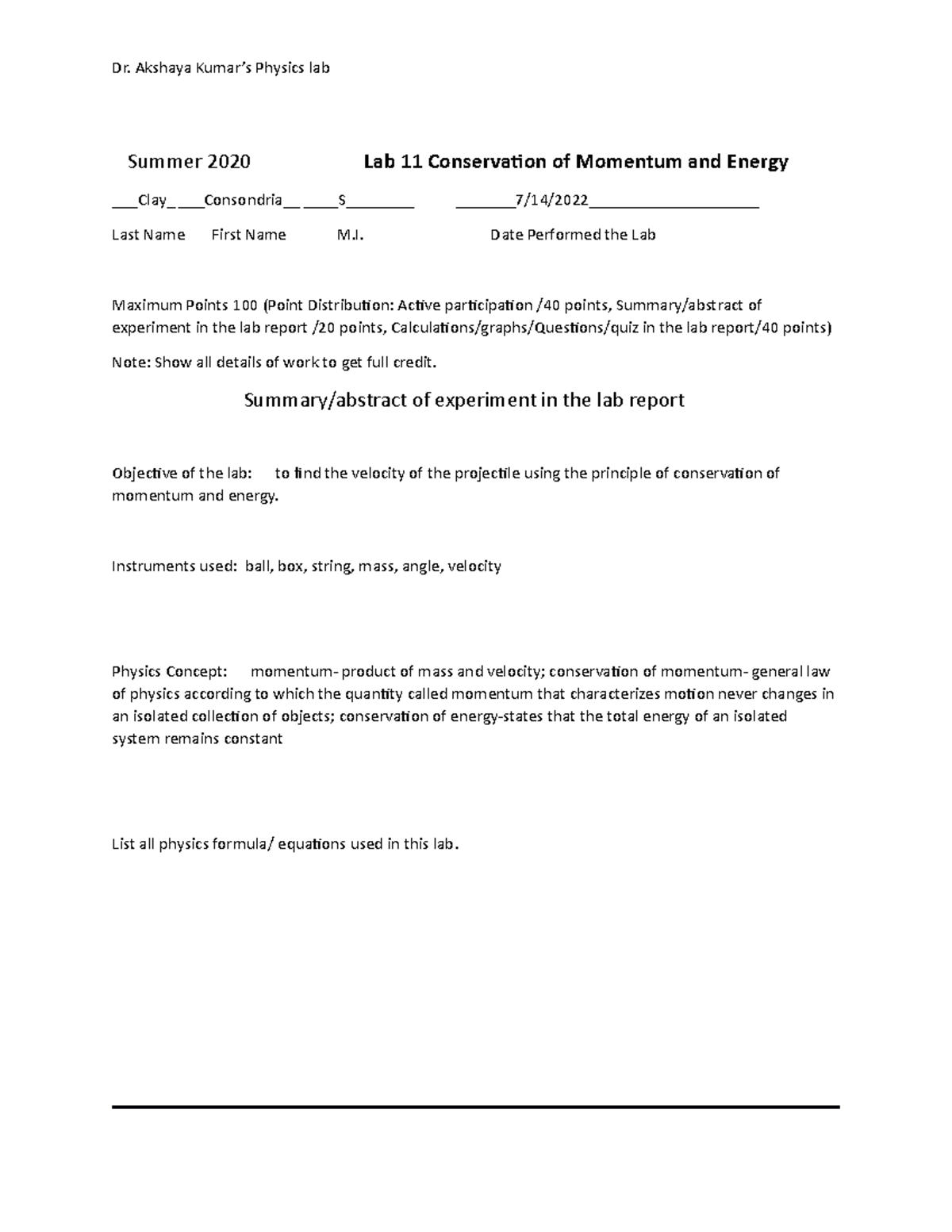 PHYS Lab 11 conservation of momentum and energy - Summer 2020 Lab 11 ...