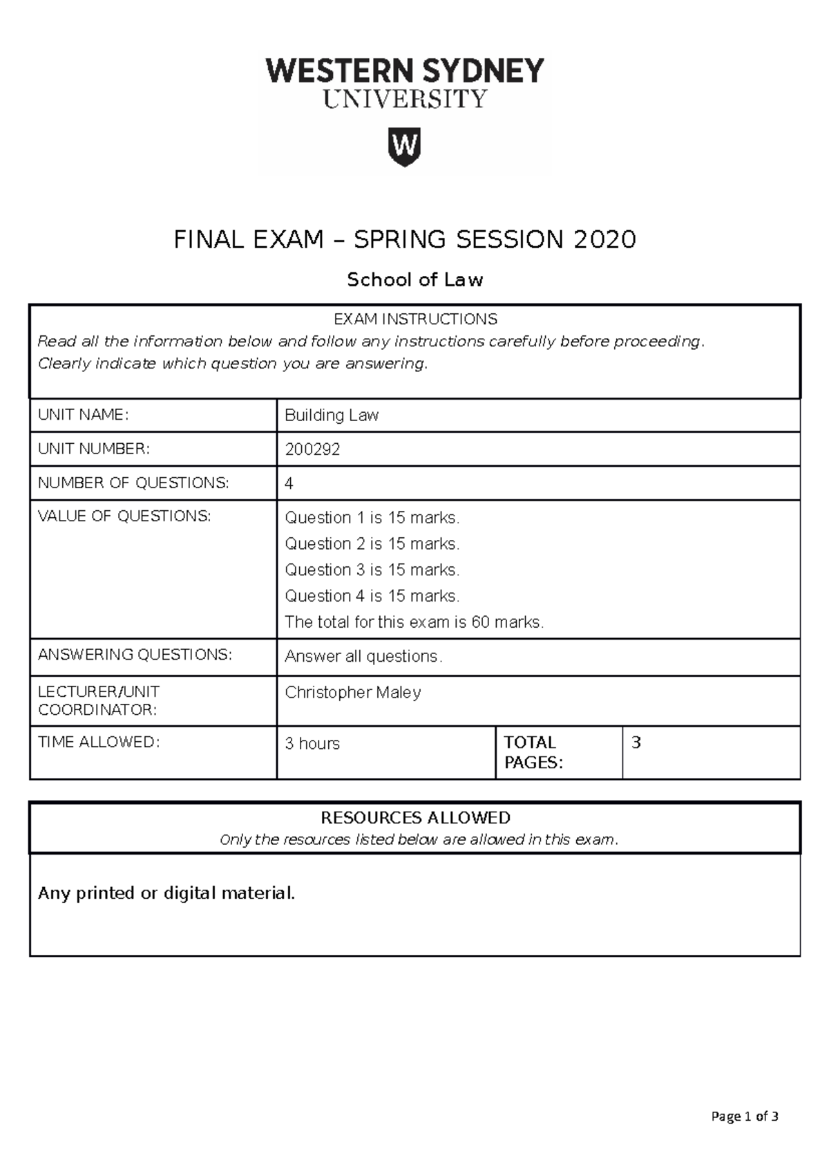 2002 92 Building Law - Final Exam - Spring 2020 - FINAL EXAM – SPRING SESSION 2020 School of Law ...