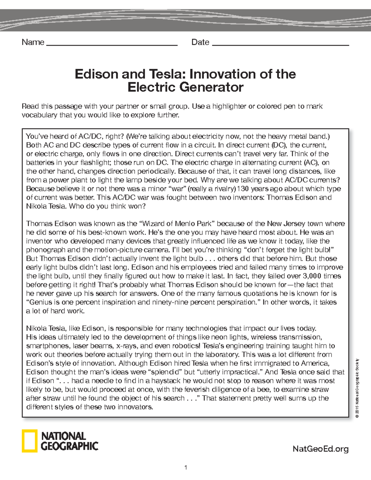 Edisonand Tesla - Practice material for comparison - Name Date 1 ...