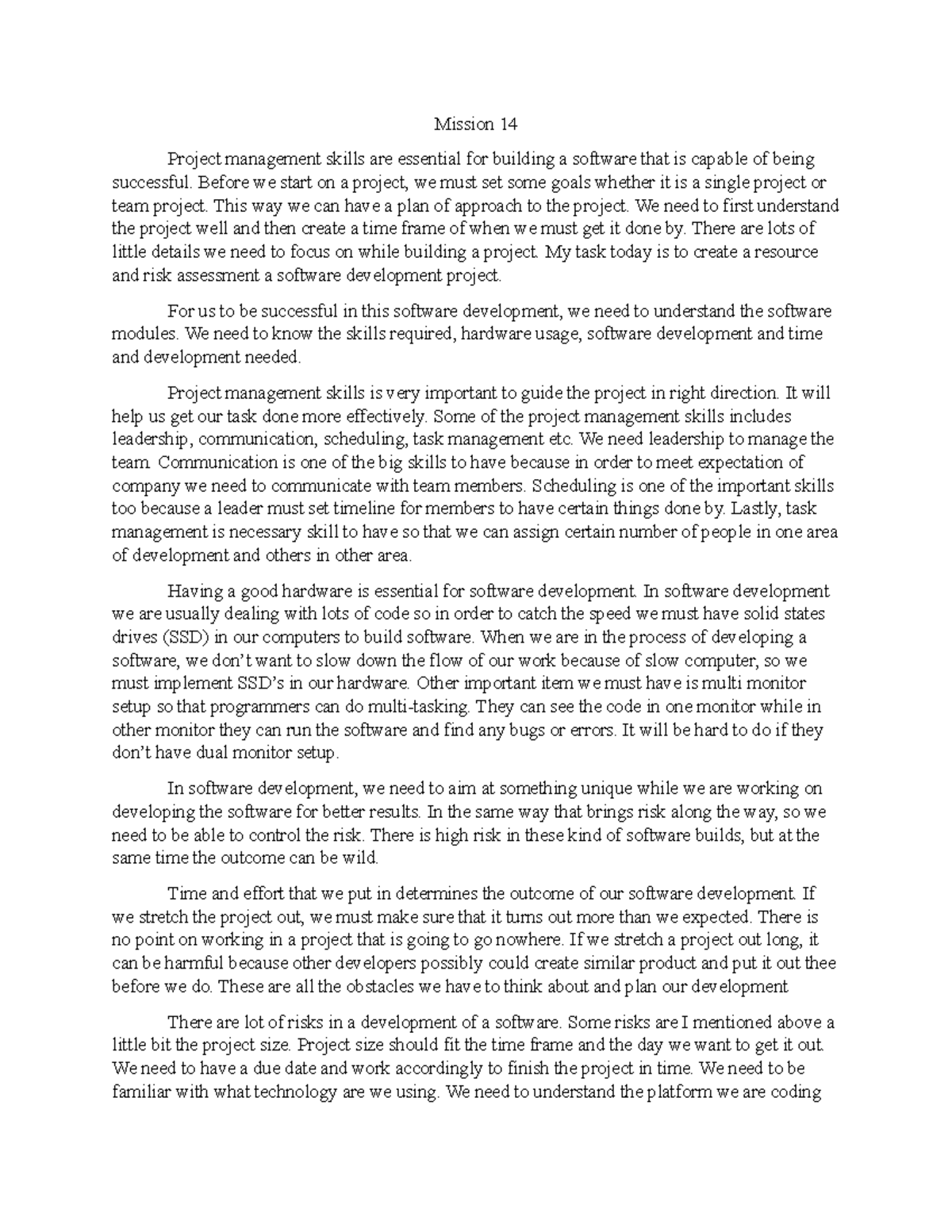 Chapter 14 Assignment - Mission 14 Project management skills are ...