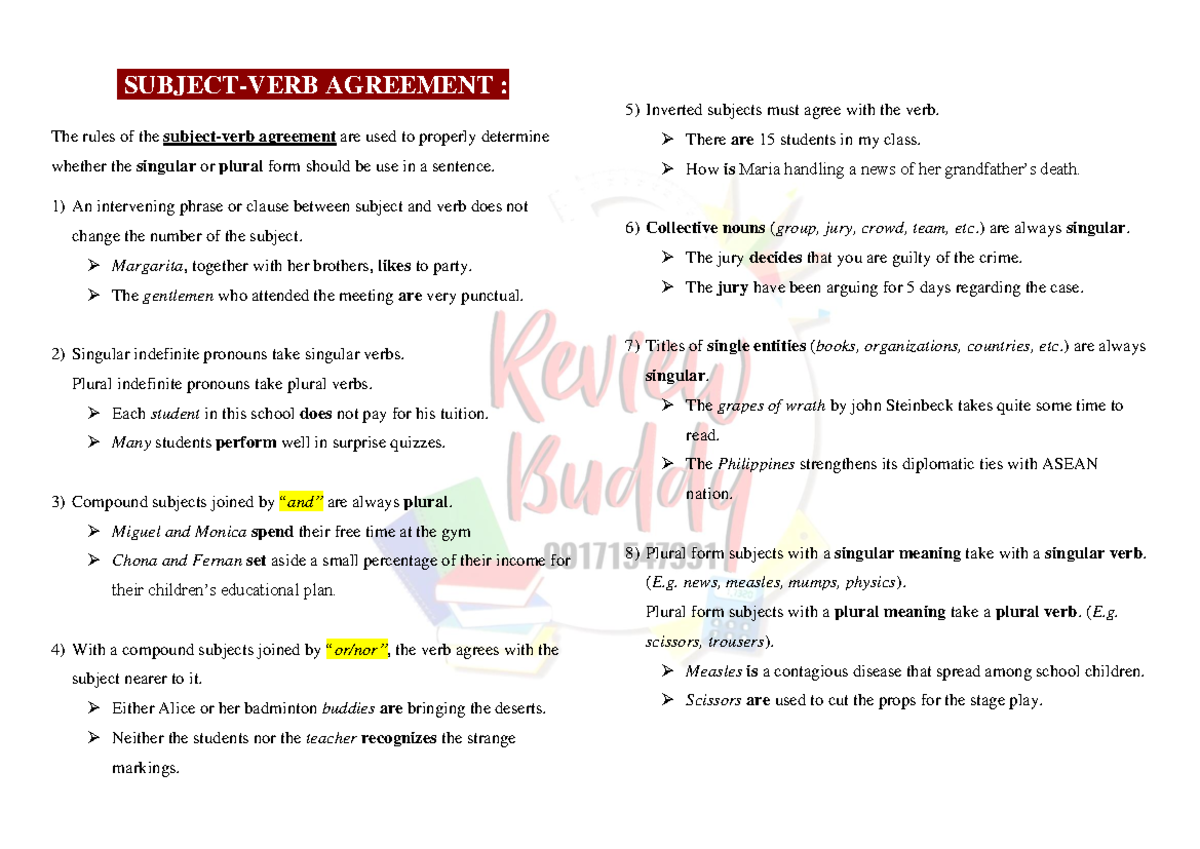 17. Subject VERB Agreement - SUBJECT-VERB AGREEMENT : The rules of the ...