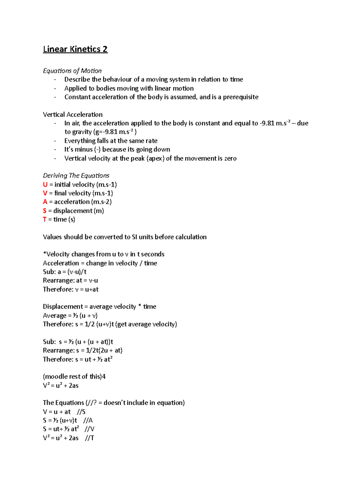 Linear Kinematics 2 - Biomechanics - Linear Kinetics 2 Equations of ...