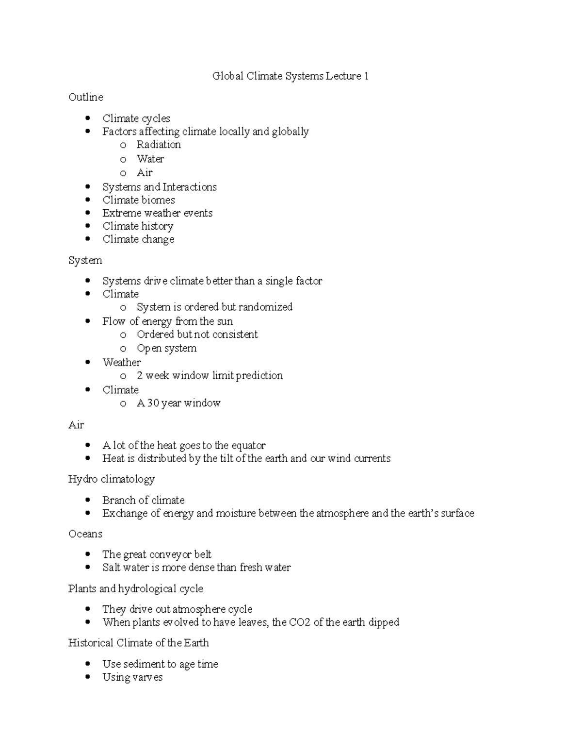 Lecture 1 Notes - Global Climate Systems Lecture 1 Outline Climate ...