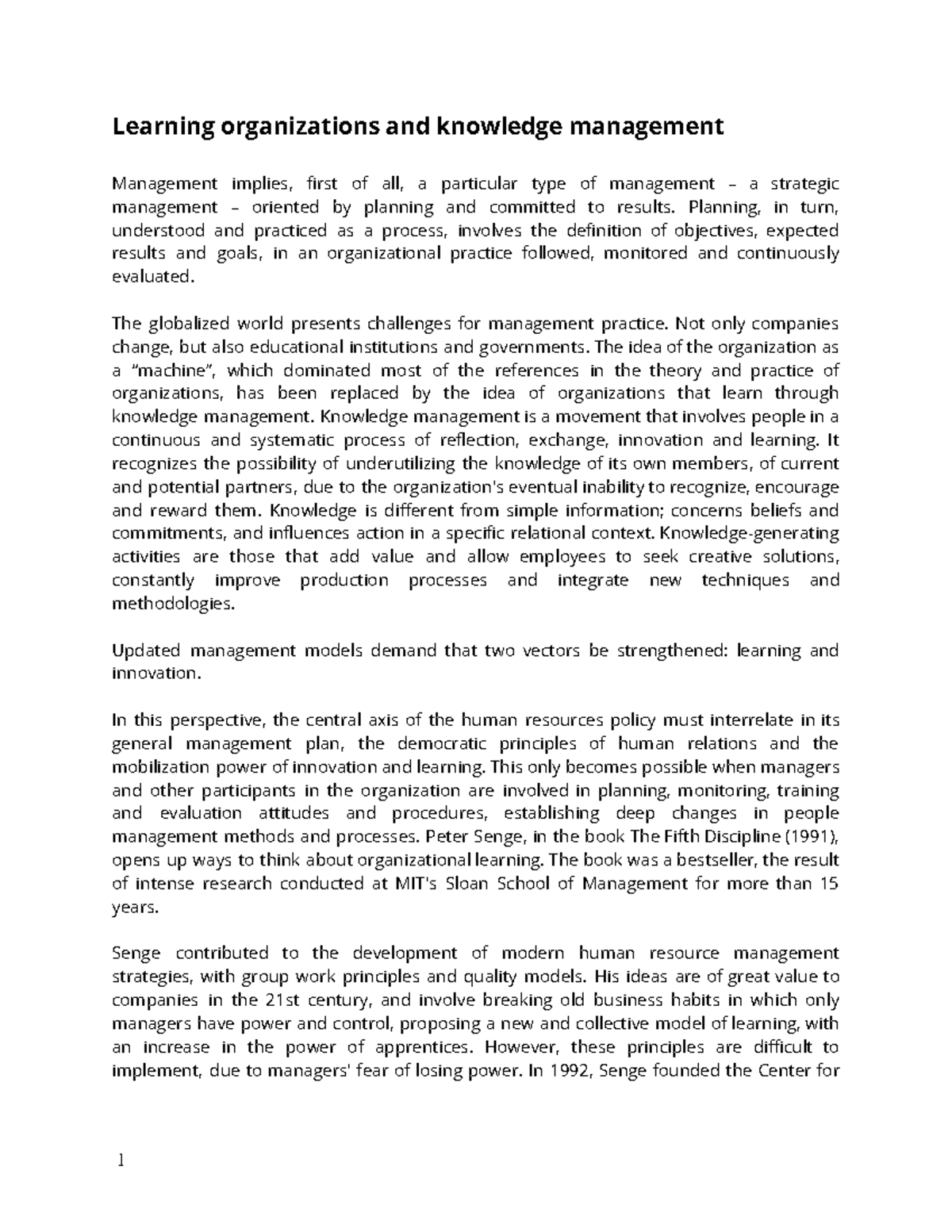 Business knowledge management. - Learning organizations and knowledge management Management ...