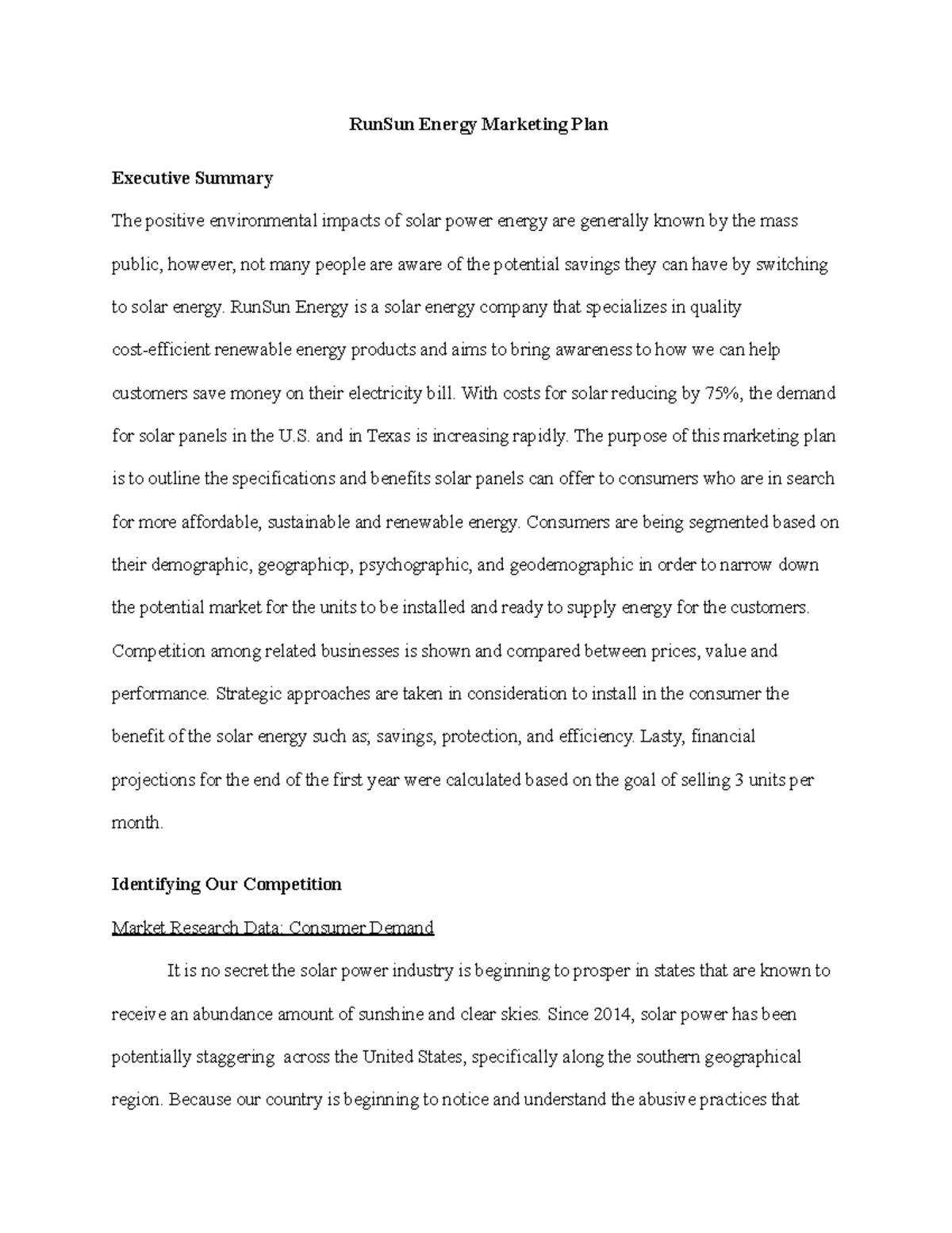 Marketing plan Run Sun - RunSun Energy Marketing Plan Executive Summary ...