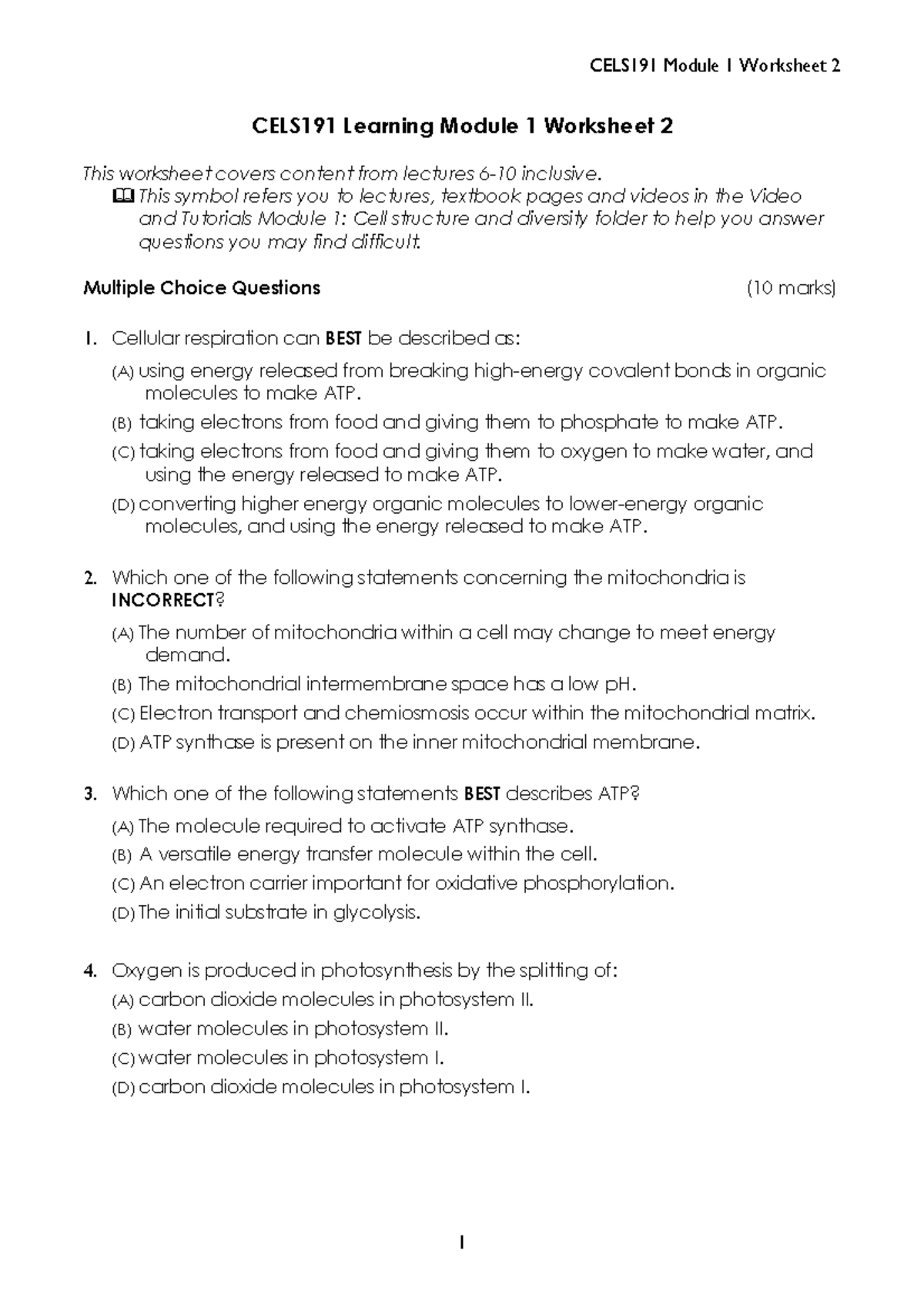 M1WS2 Questions 2024 - Worksheet queschins - CELS191 Learning Module 1 Worksheet 2 This ...
