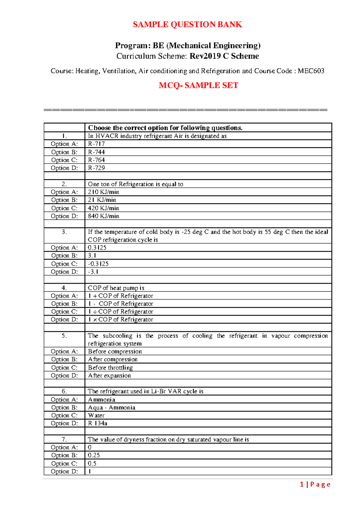 R19 Mech VI Hvacr Sample Question Bank - SAMPLE QUESTION BANK Program: BE (Mechanical ...
