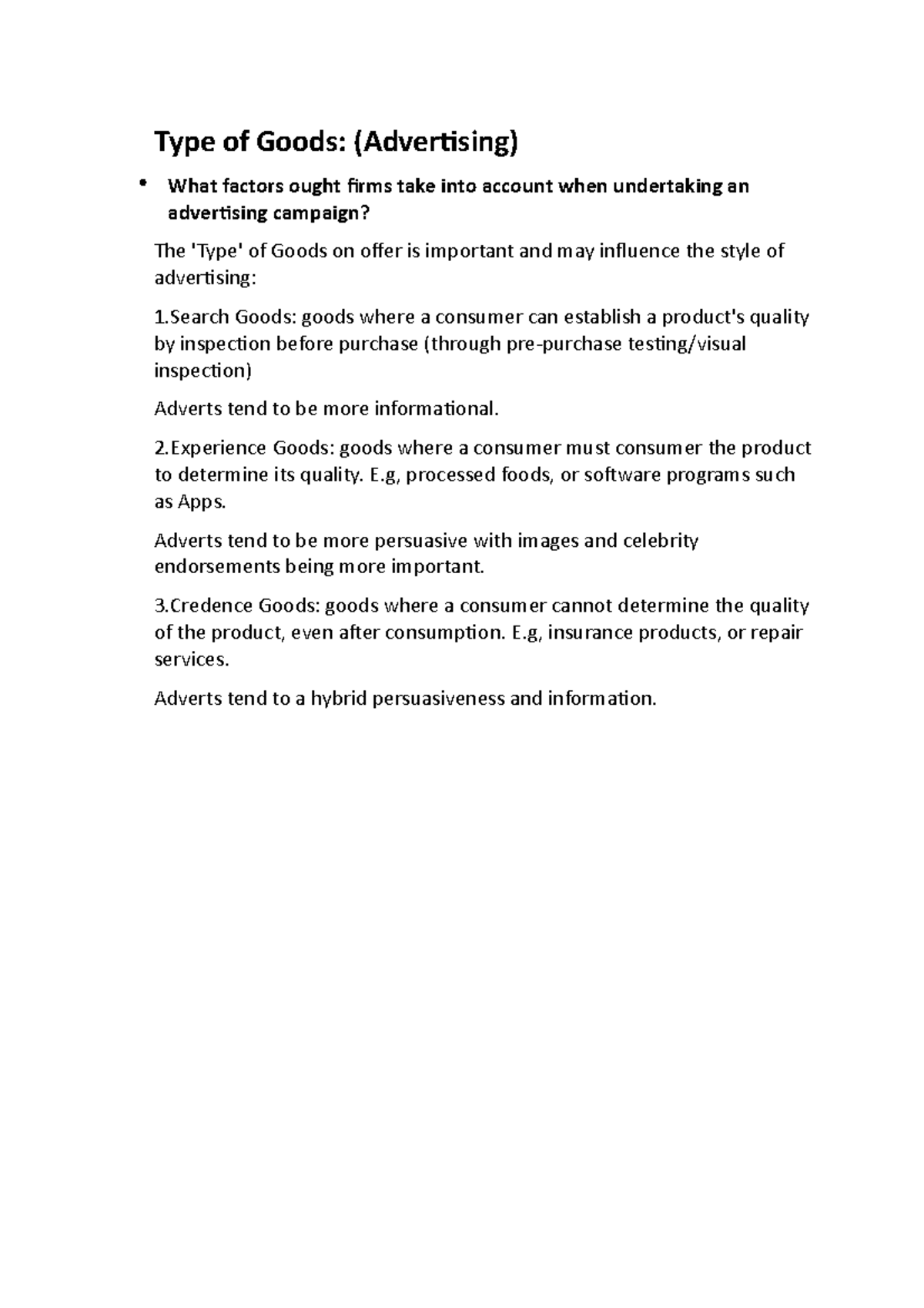 Type of Goods - Advertising - Type of Goods: (Advertising) What factors ...