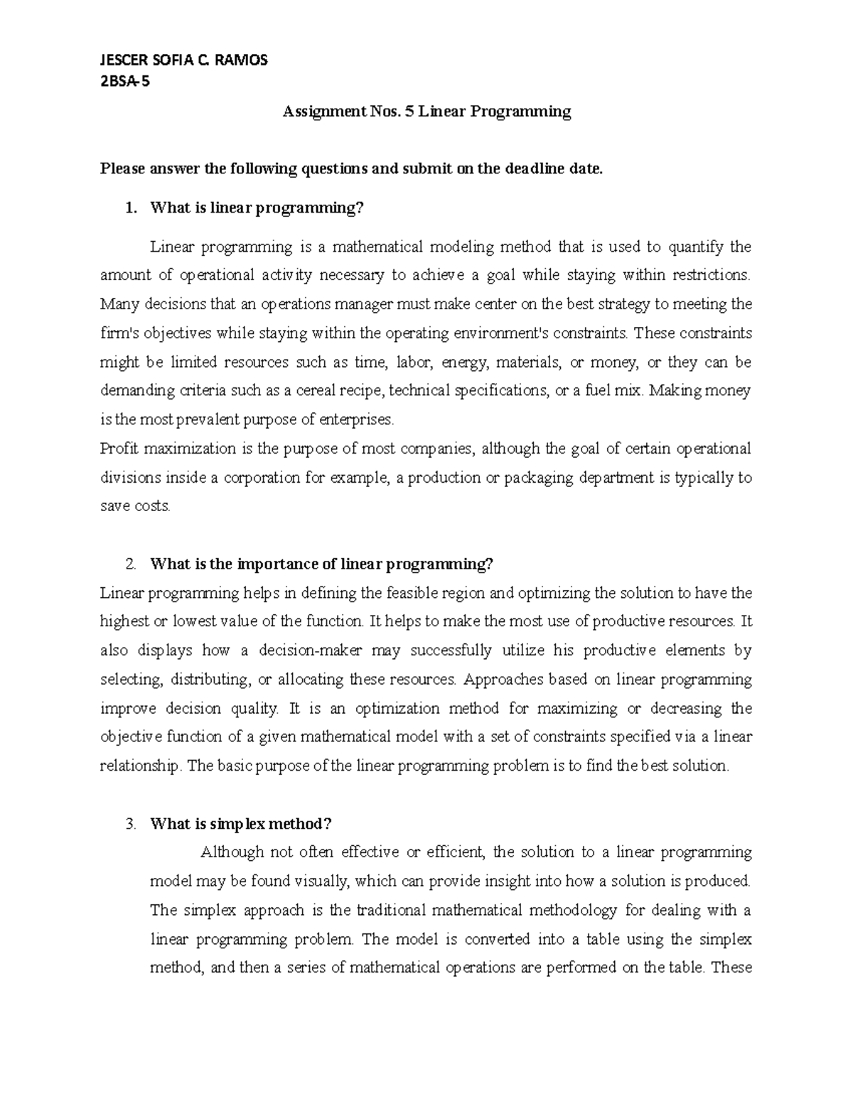 Management Science- Assign - JESCER SOFIA C. RAMOS 2BSA- Assignment Nos ...