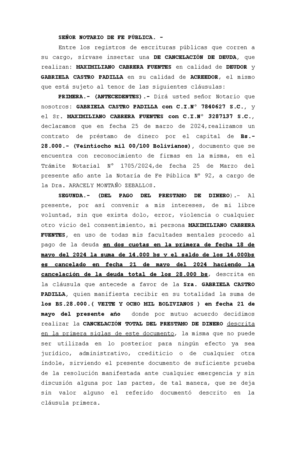 Cancelacion DE Deuda maximiliano cabrera fuentes - SEÑOR NOTARIO DE FE ...