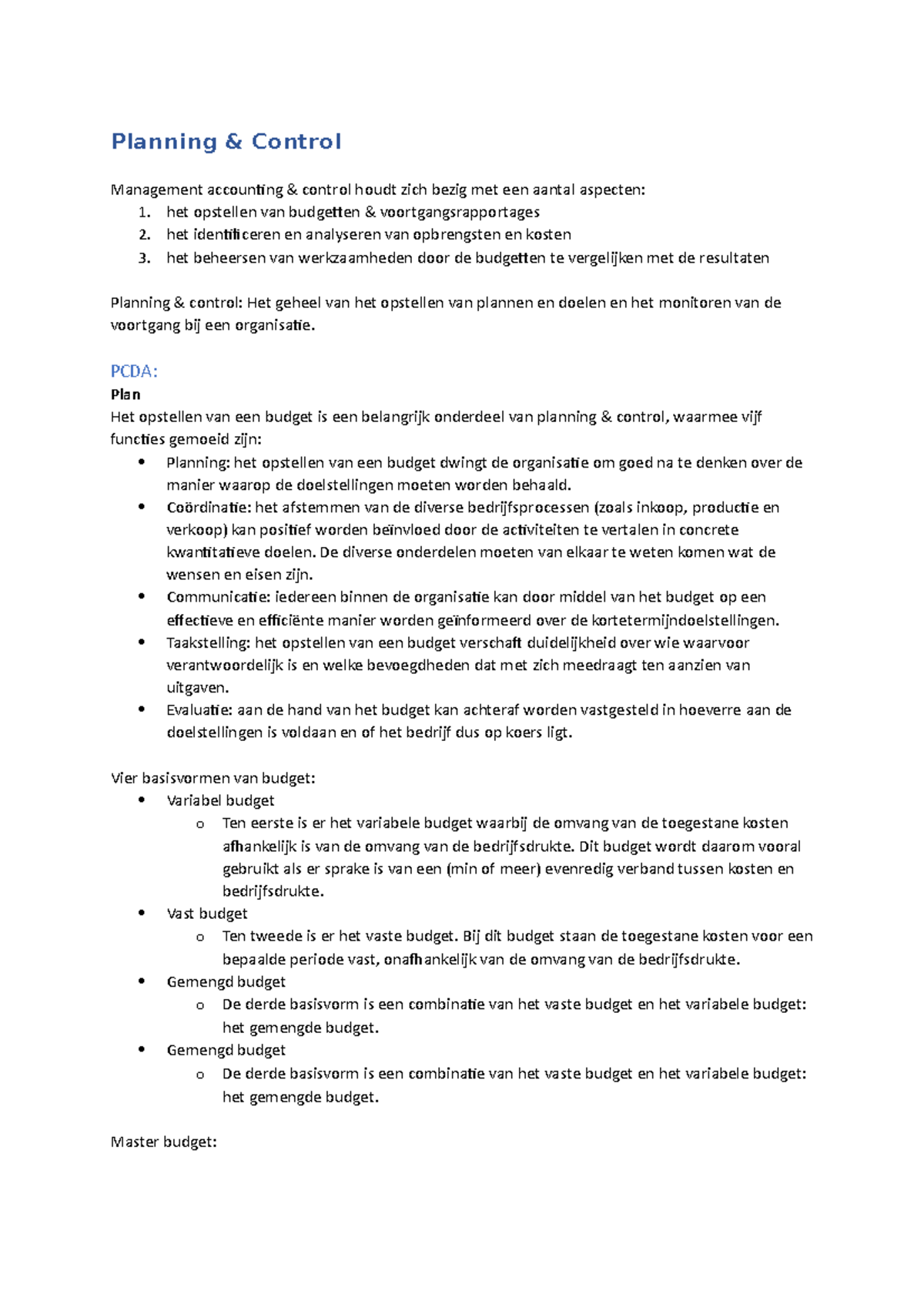 Samenvatting bedrijfseconomische calculaties edumundo - Planning ...