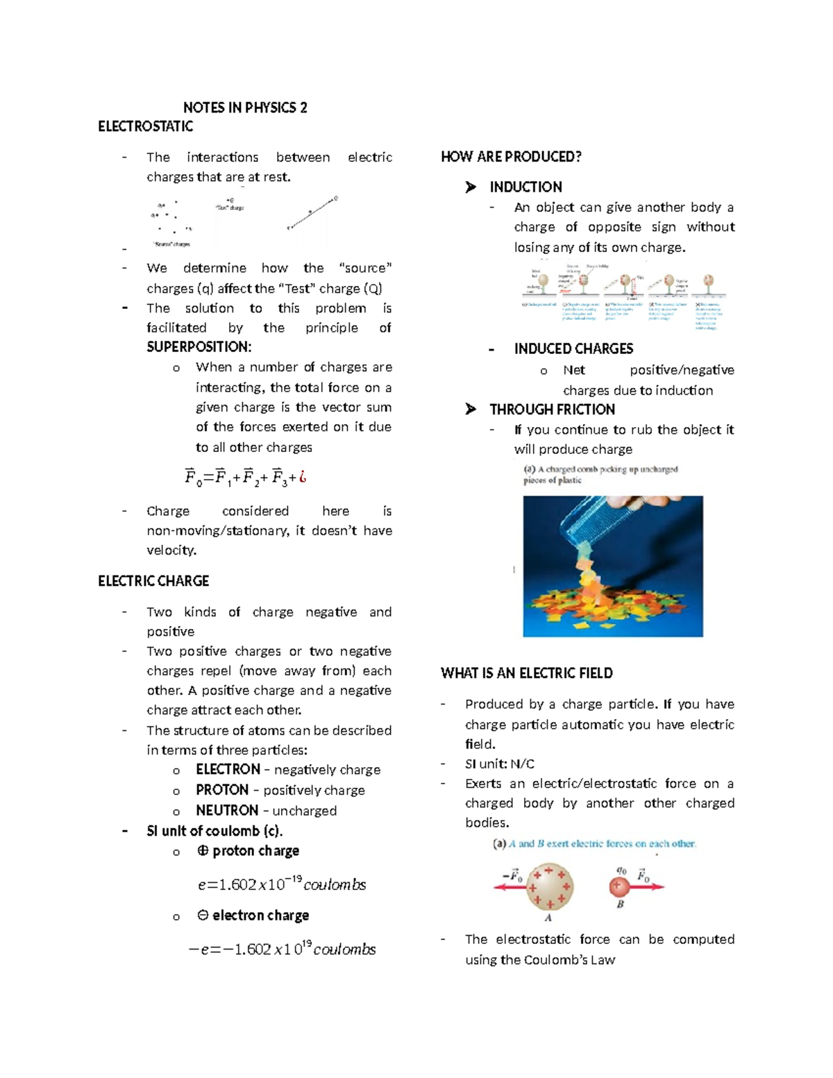 Notes IN Physics 2 - NOTES IN PHYSICS 2 ELECTROSTATIC The interactions ...
