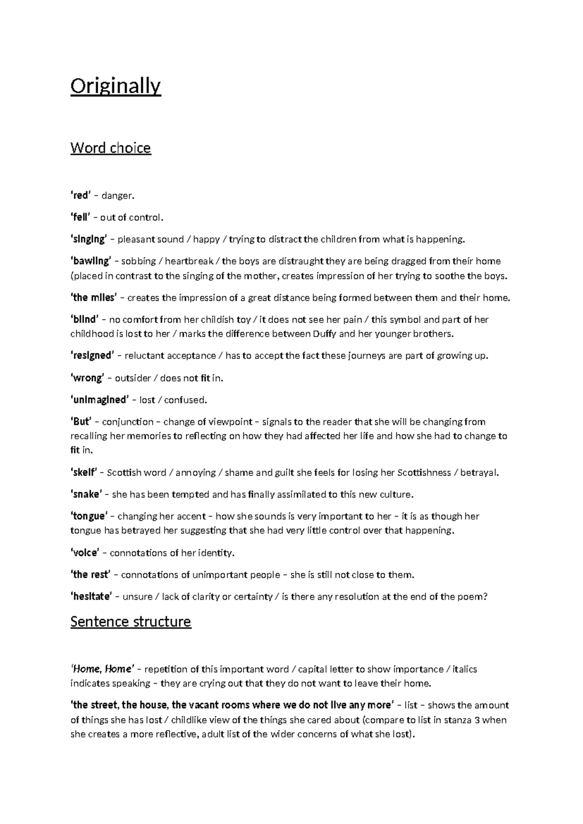 Originally - Poem - Originally Word choice ‘red’ – danger. ‘fell’ – out ...