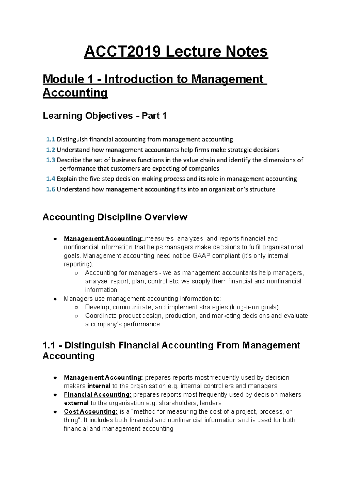 ACCT2019 Lecture Notes - ACCT2019 Lecture Notes Module 1 - Introduction ...