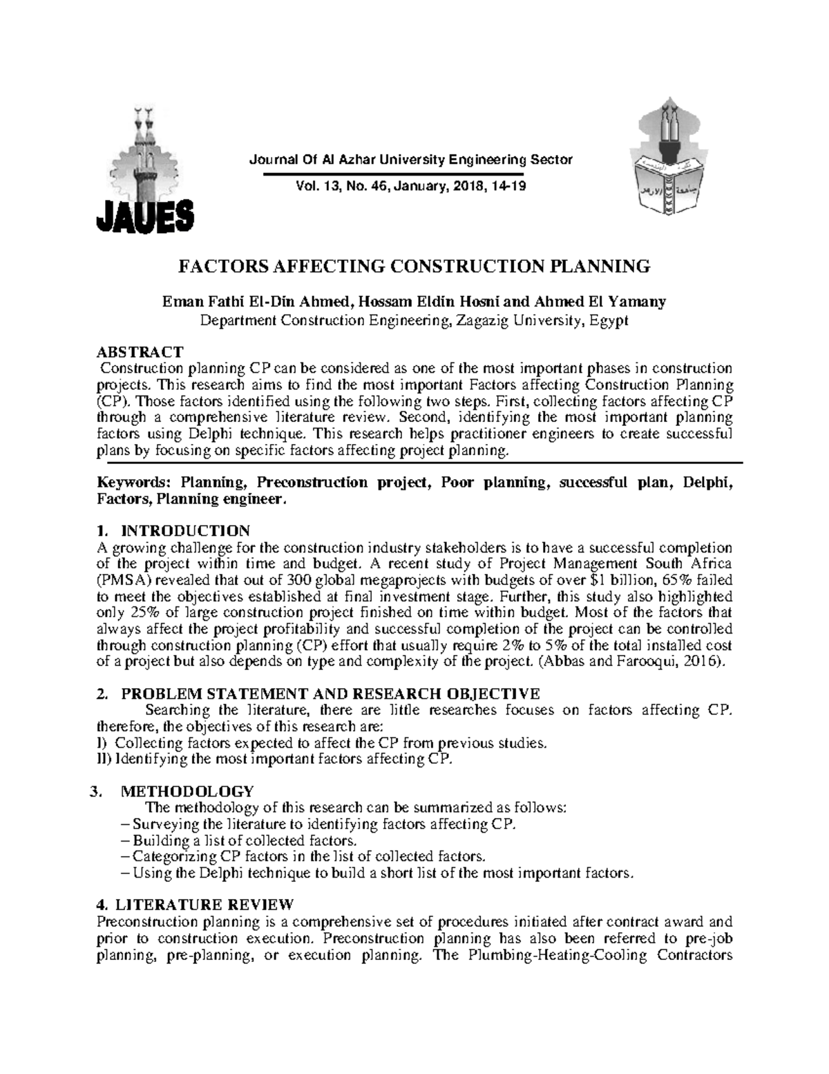 Construction planning factors - Journal Of Al Azhar University ...