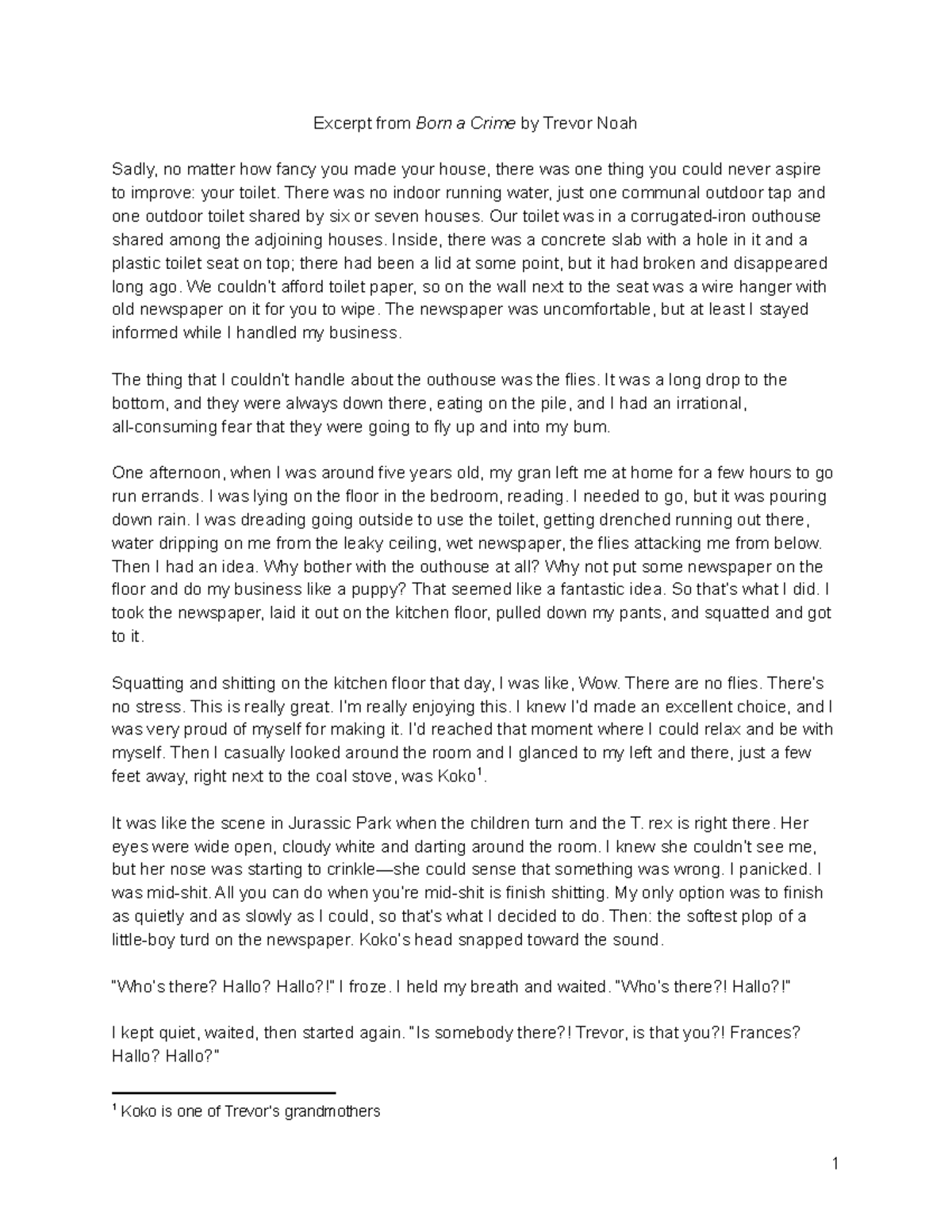 Copy of Excerpt from "Born a Crime" by Trevor Noah - Excerpt from Born ...