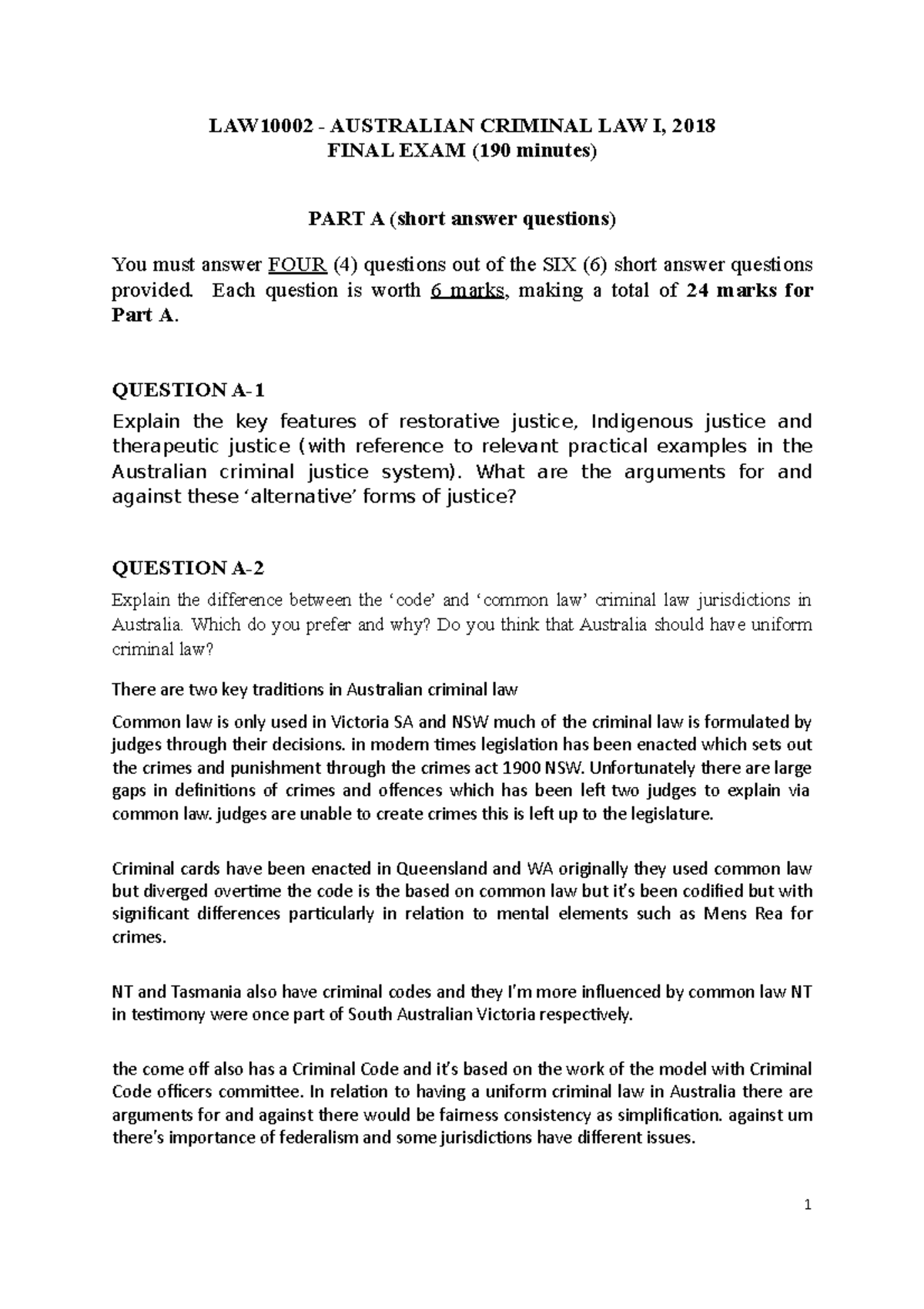 Finalexam Australian Criminal Law I 2018 - LAW10002 - AUSTRALIAN ...