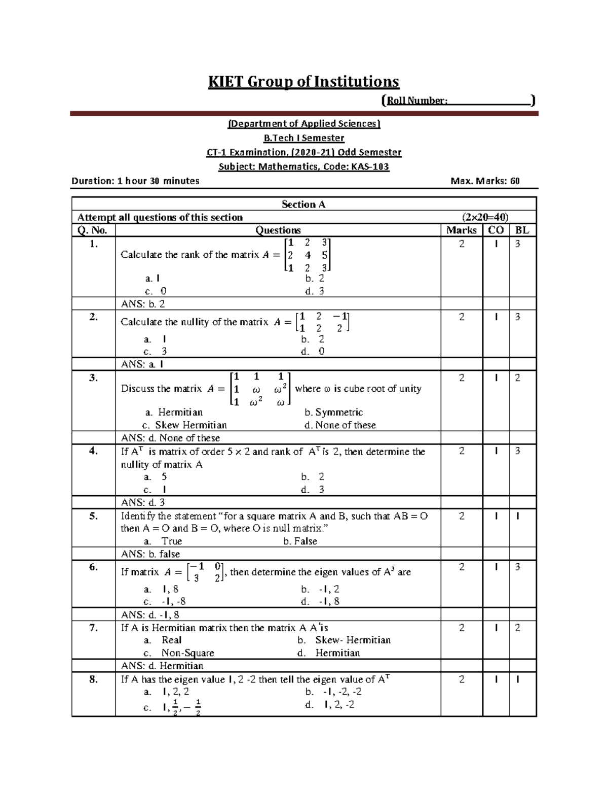 CT 1 Paper 2020-21(KAS-103)with Answer Key - KIET Group of Institutions (Roll Number ...